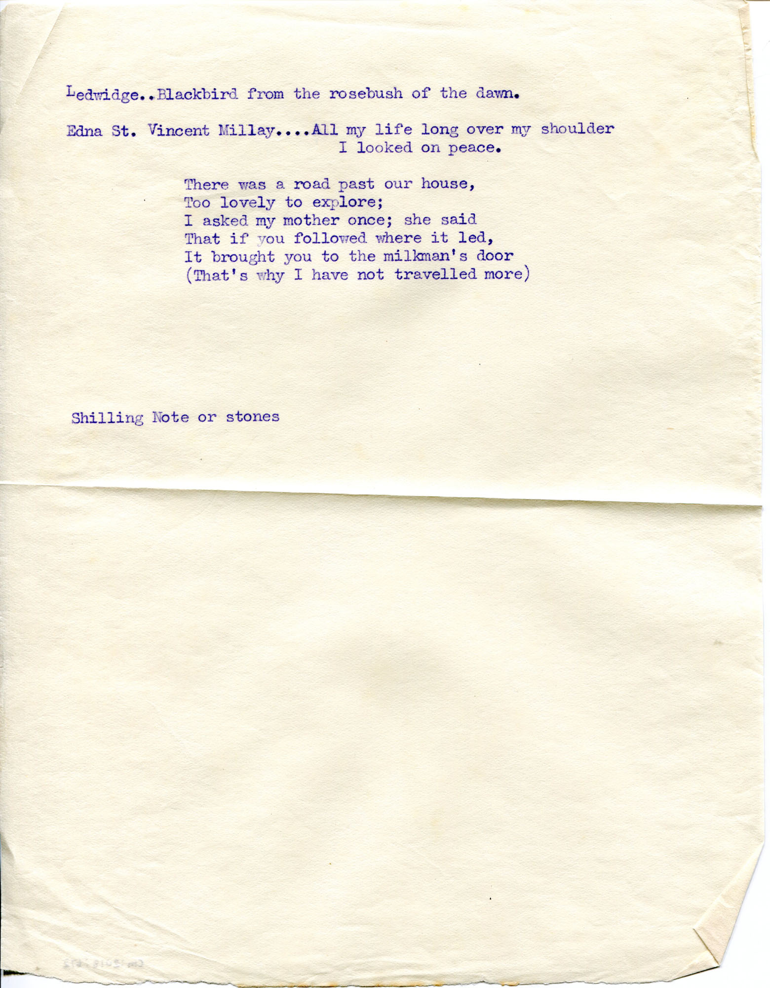 Typed verse of a poem by Edna St. Vincent Millay [Title ‘The Explorer ...