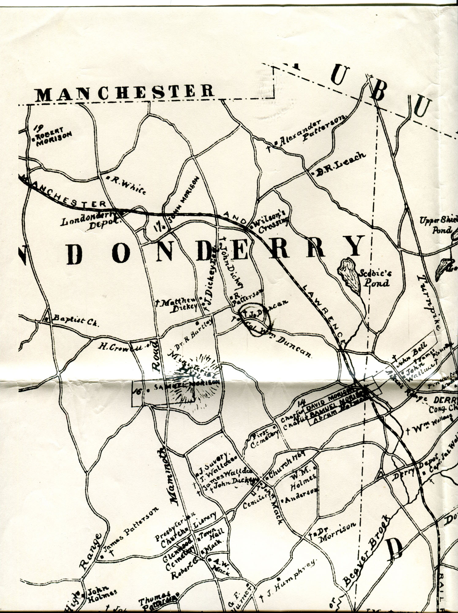 Print of a map (black and white colour). Magnified part of a larger map ...