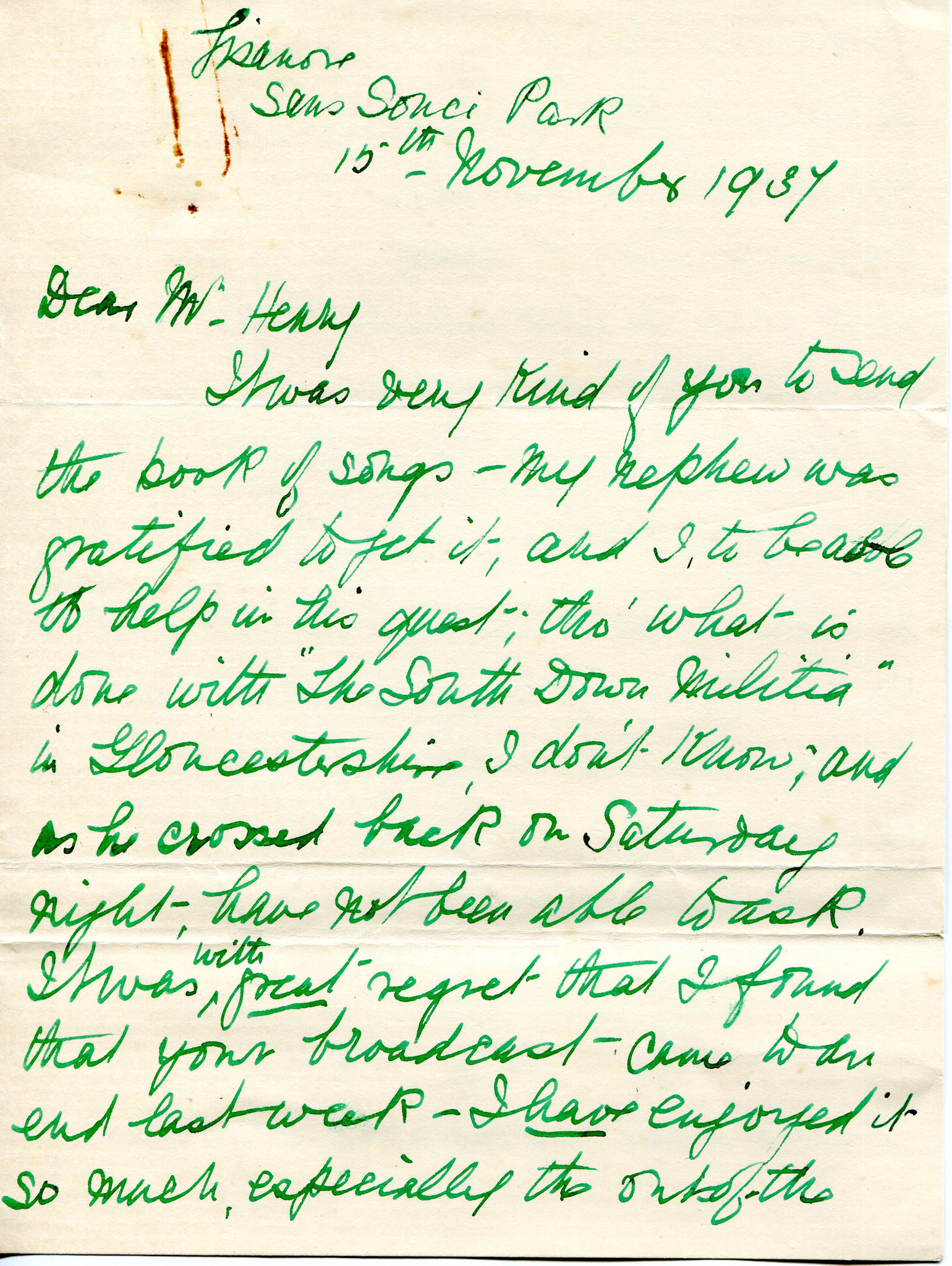 Handwritten letter to Sam Henry. Writing re a book of songs sent by Sam ...