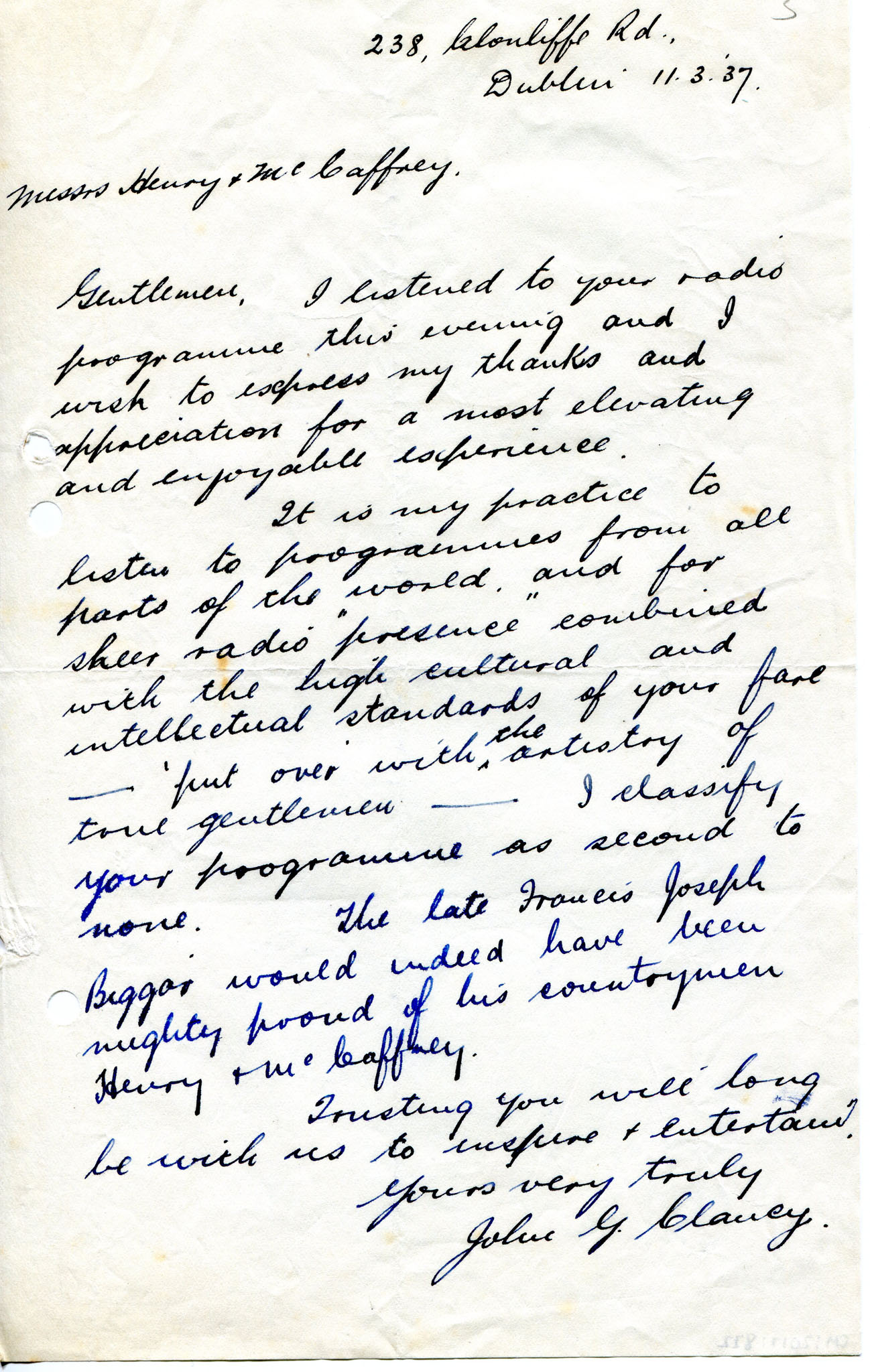 Handwritten letter to Mr Sam Henry and Mr James McCafferty. Number ‘3 ...