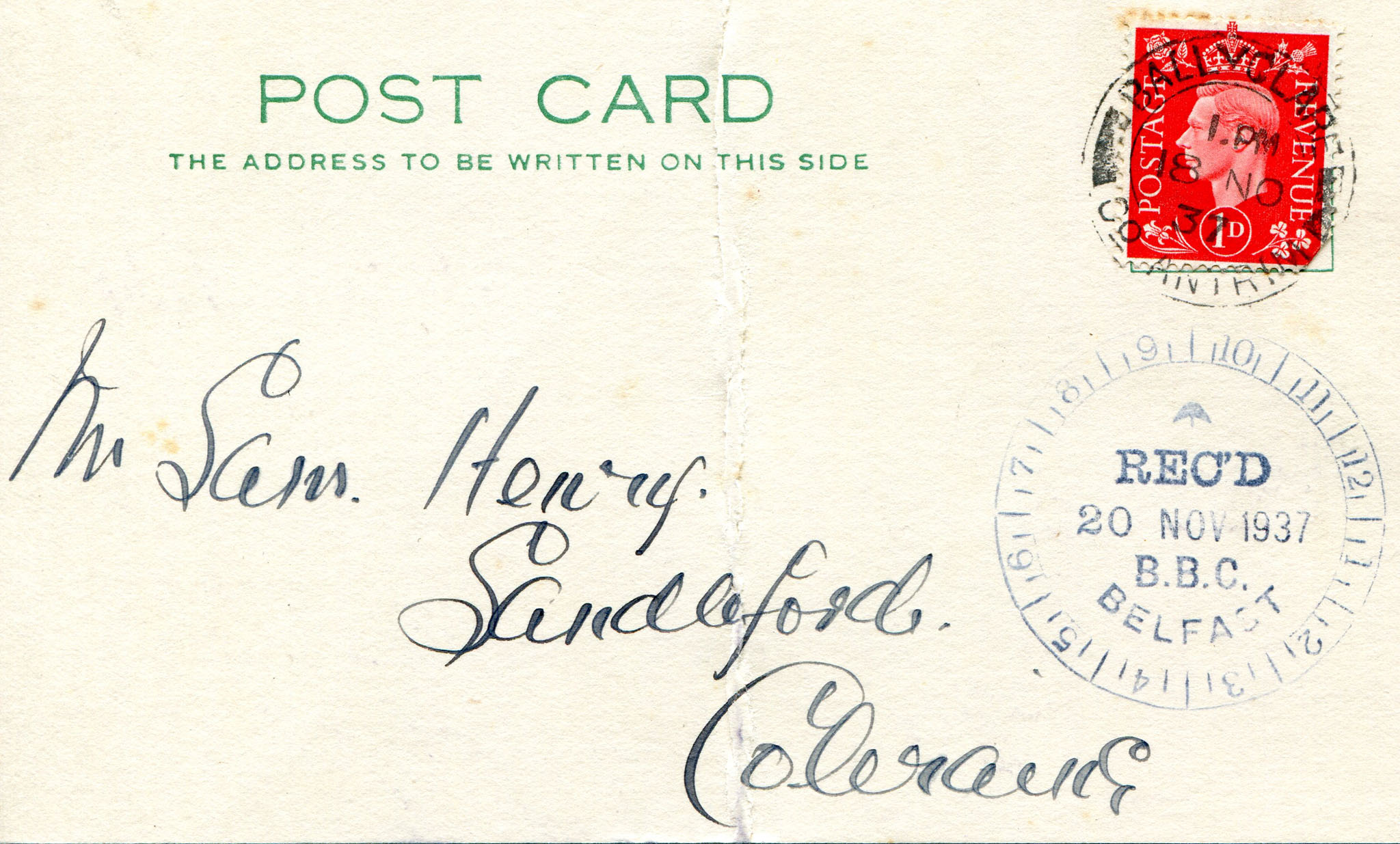 Handwritten postcard to Mr Henry, Sandelford, Coleraine. Red postage ...