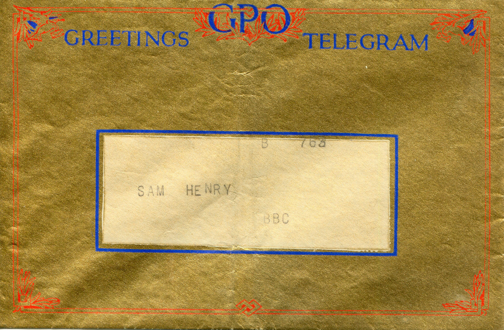 Gold envelope with ‘Greetings Telegram, GPO’ in blue lettering on front ...