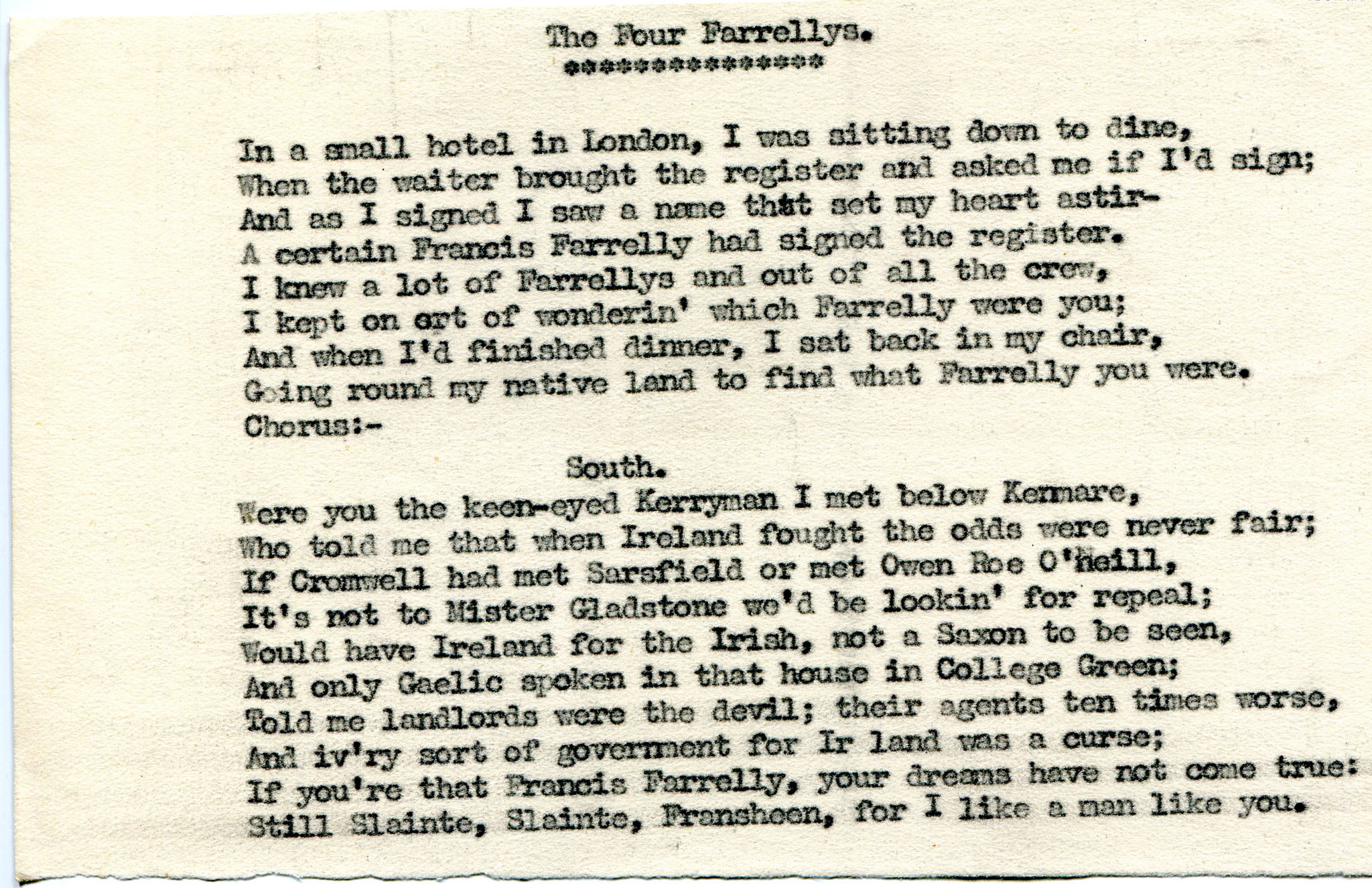 Page 1 of 3. Typed poem titled, ‘The Four Farrellys’, by William Percy ...