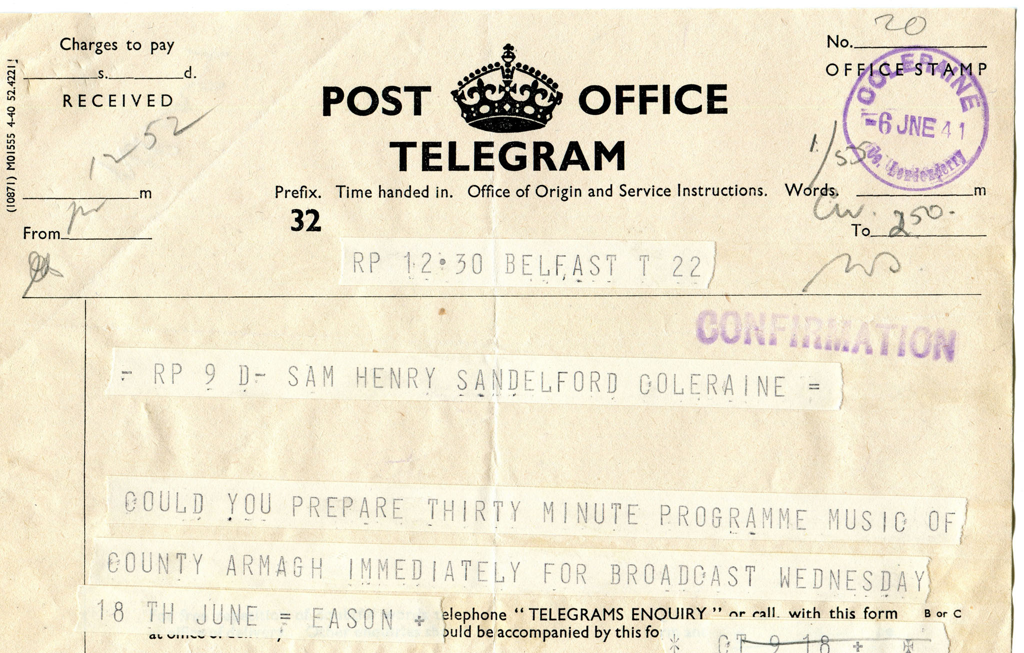 Post Office telegram sent from Ursula Eason of the BBC, Belfast on 6th ...