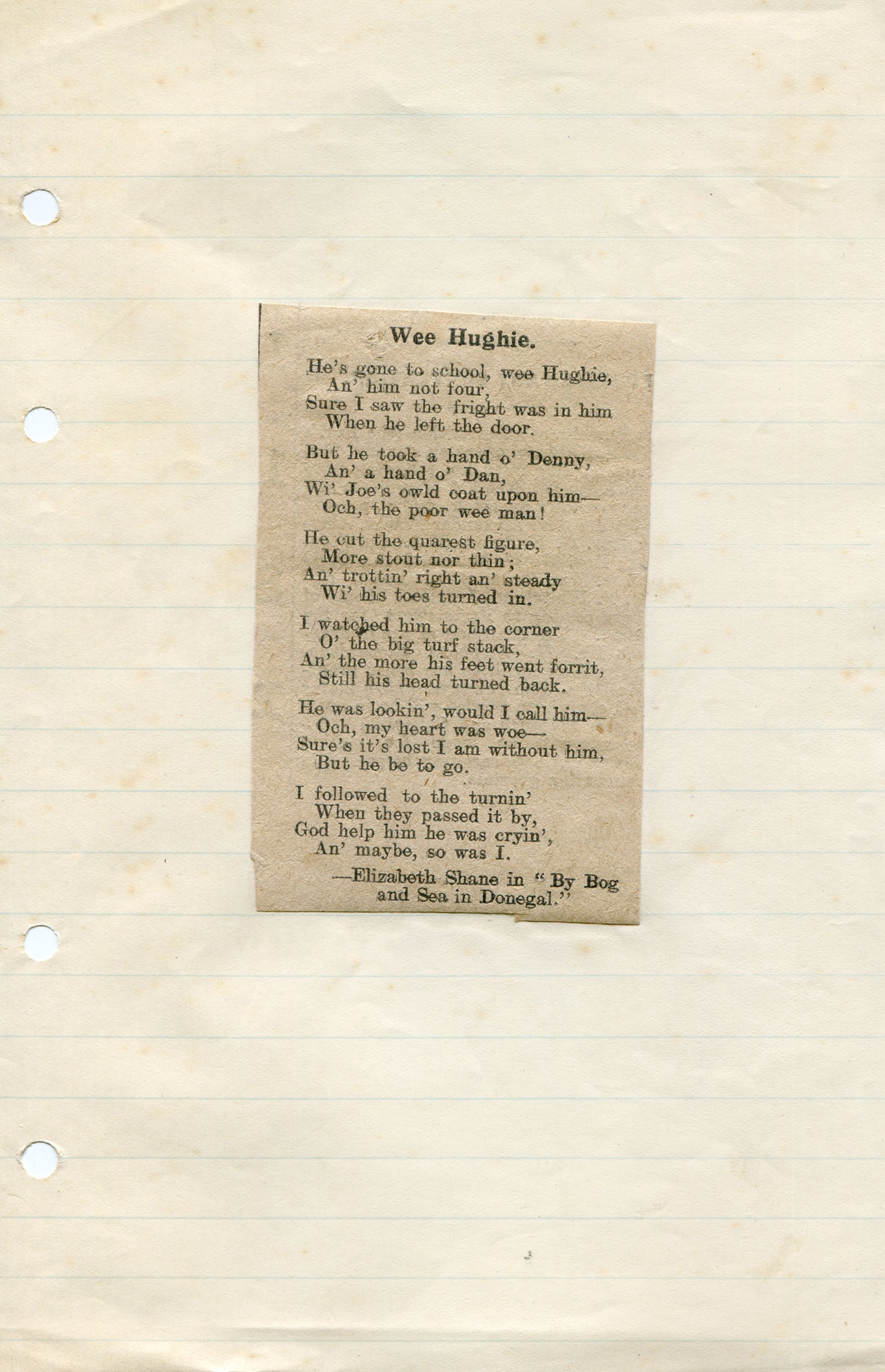 Newspaper cutting stuck to lined paper. Poem or words to song titled ...