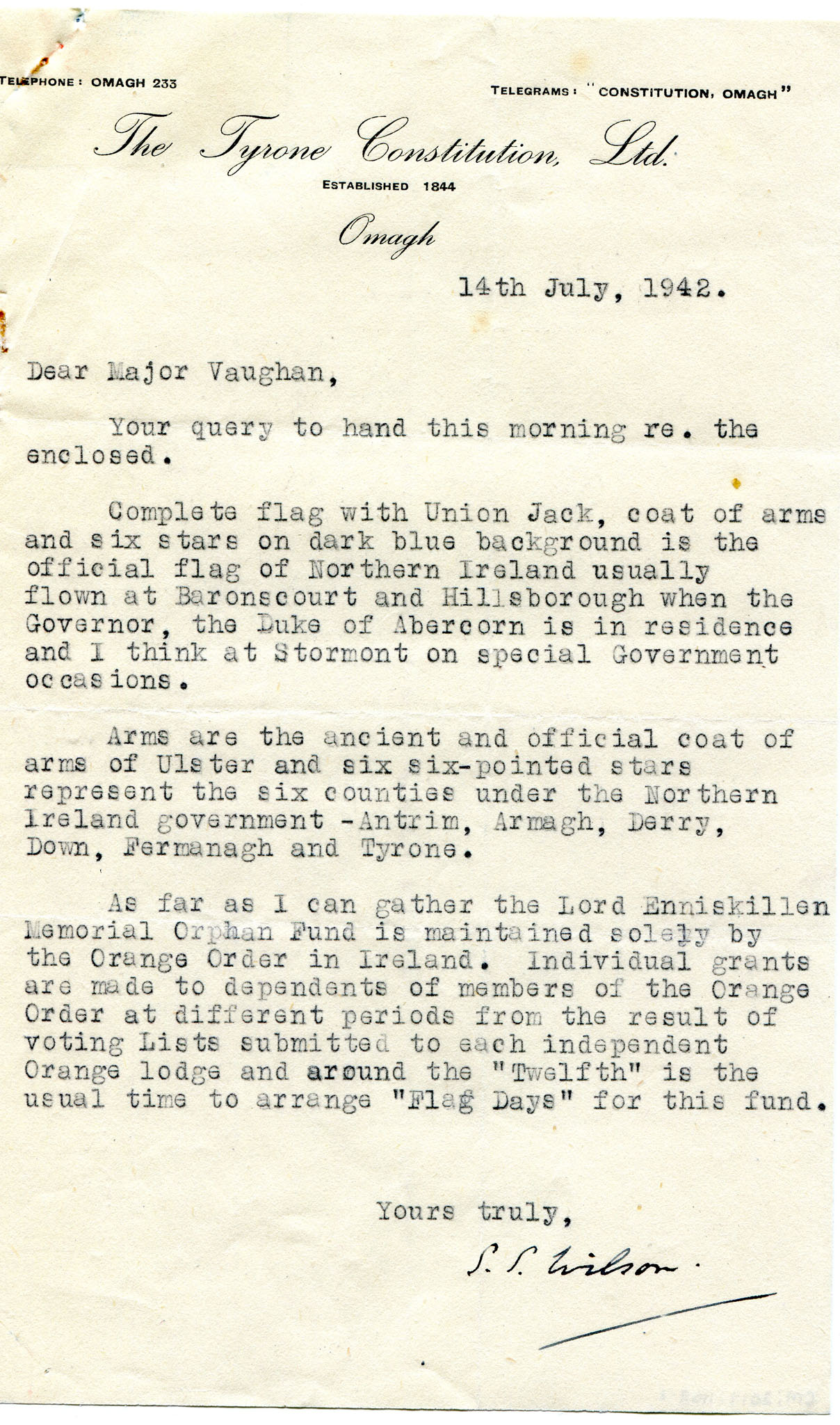 Typed letter on headed paper to Major Vaughan. Writes about the ...