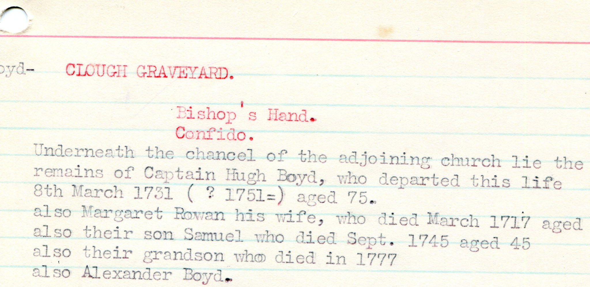 Typed notes on lined card re Boyd, Clough Graveyard. Possibly from ...