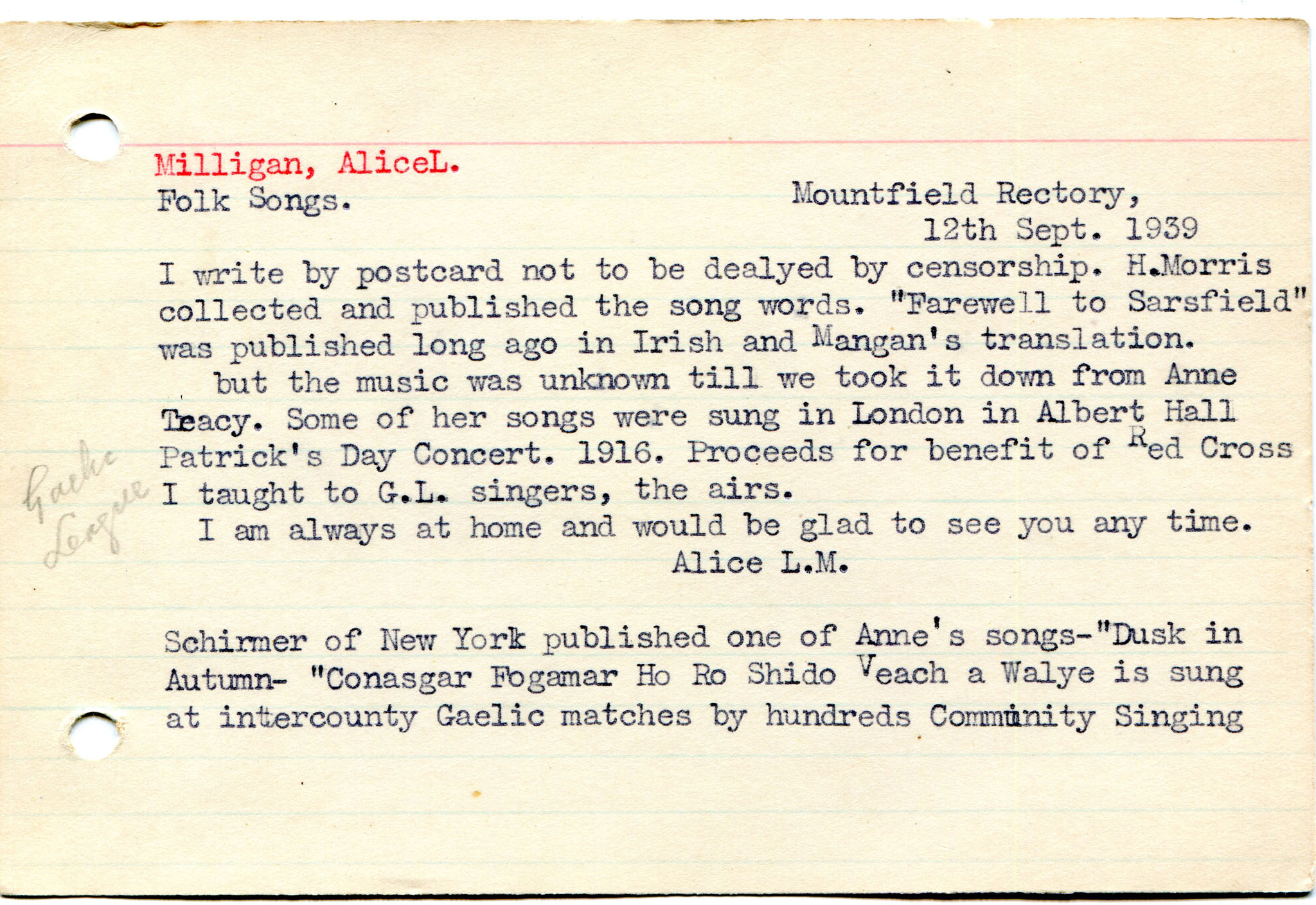 Typed transcription of a postcard from Alice L.Milligan, Mountfield ...