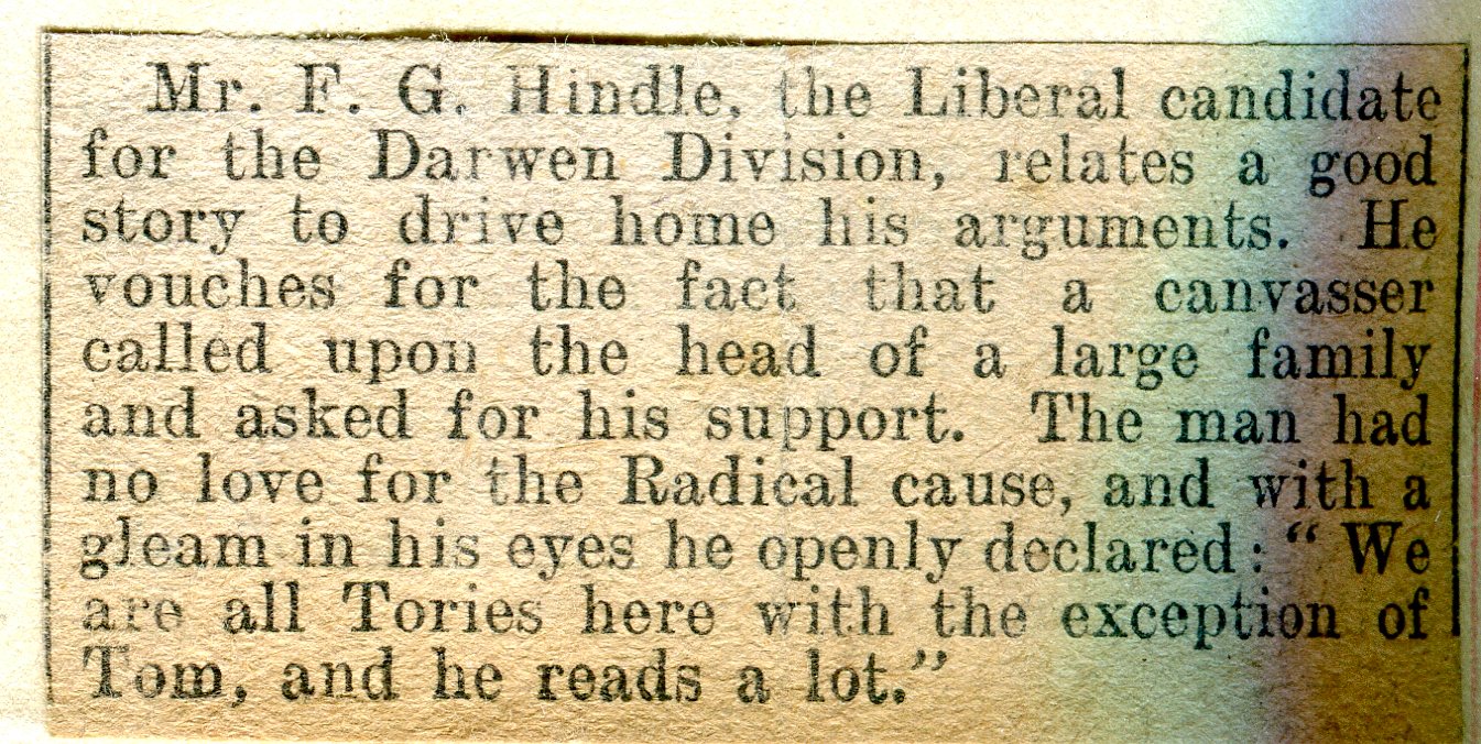 Small article cutting from a newspaper re Mr F G Hindle, Liberal ...
