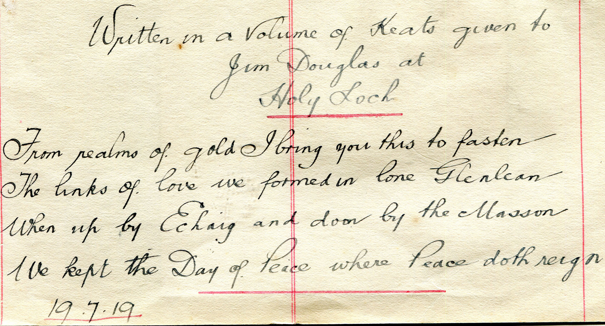 Handwritten poem noted as written in a volume of Keats given to Jim ...