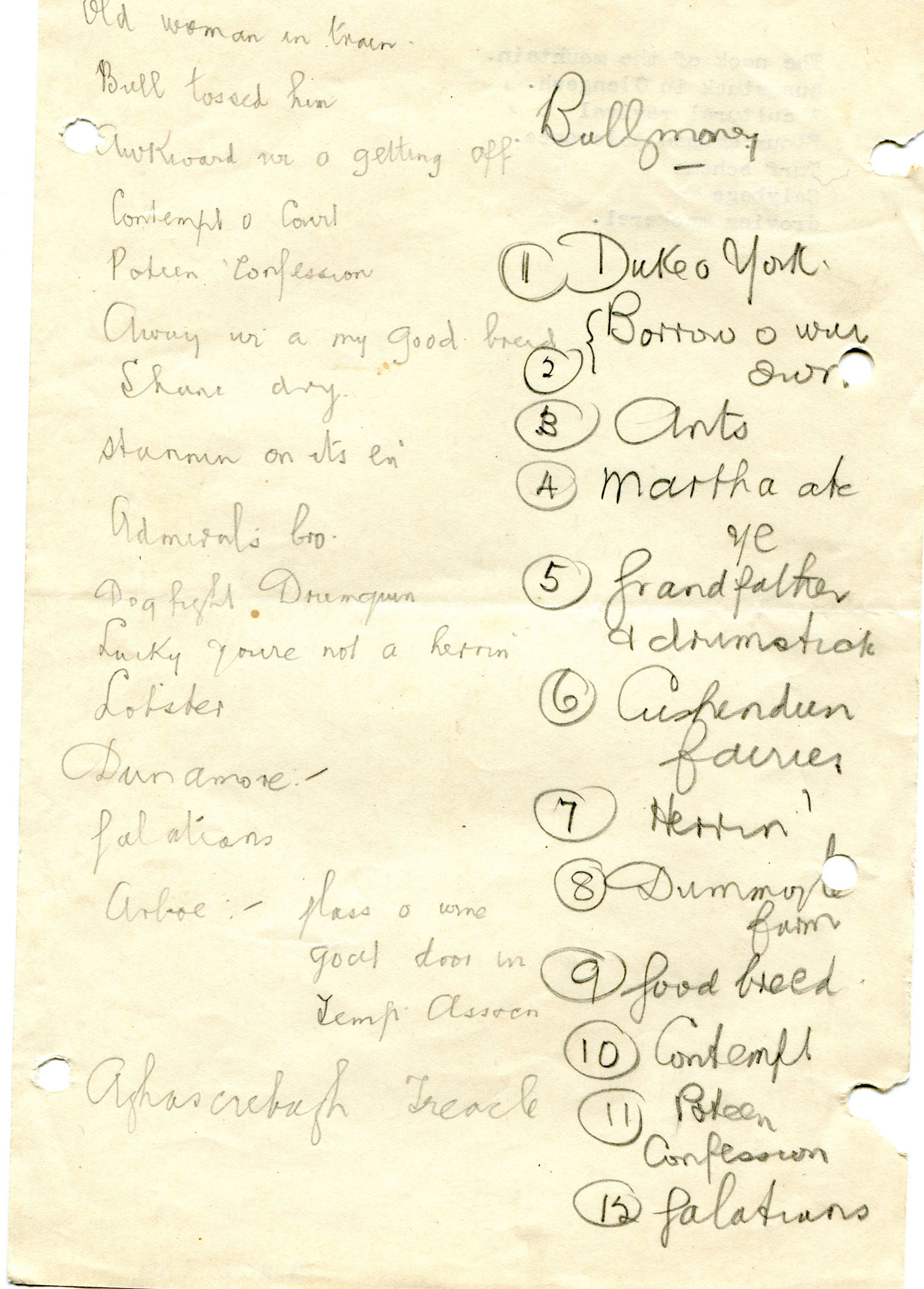 Handwritten list of words, some are numbered 1-12. Typed list on one ...