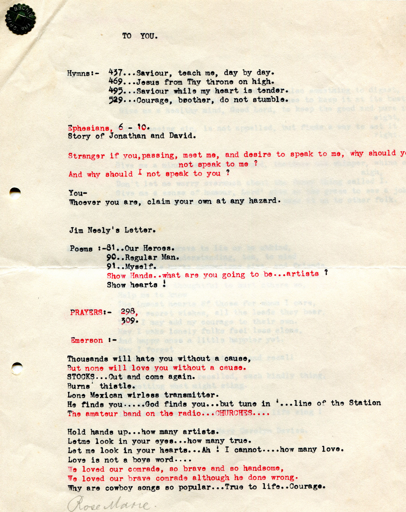 Page 1 of 3 typed pages. List of hymns,prayers and poems. Number 298 ...