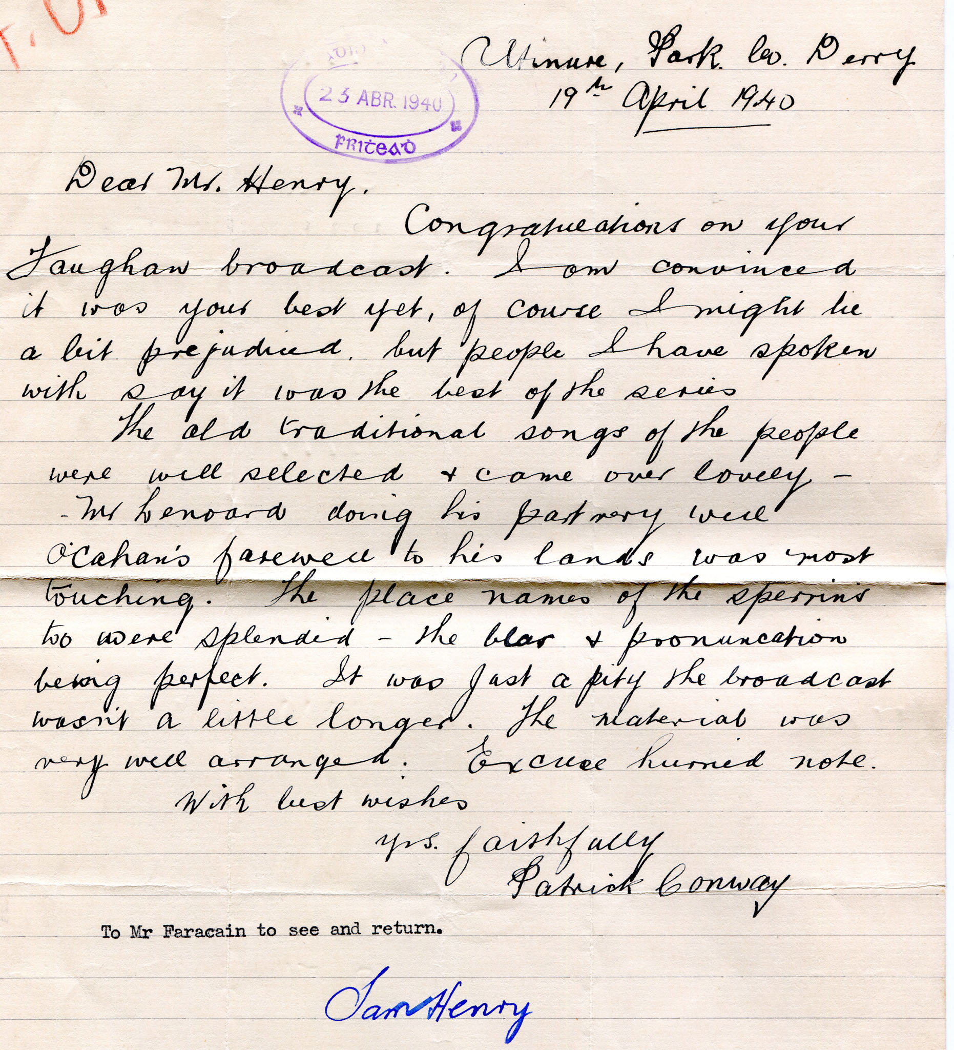Handwritten letter to Sam Henry from Patrick Conway. Addressed from ...