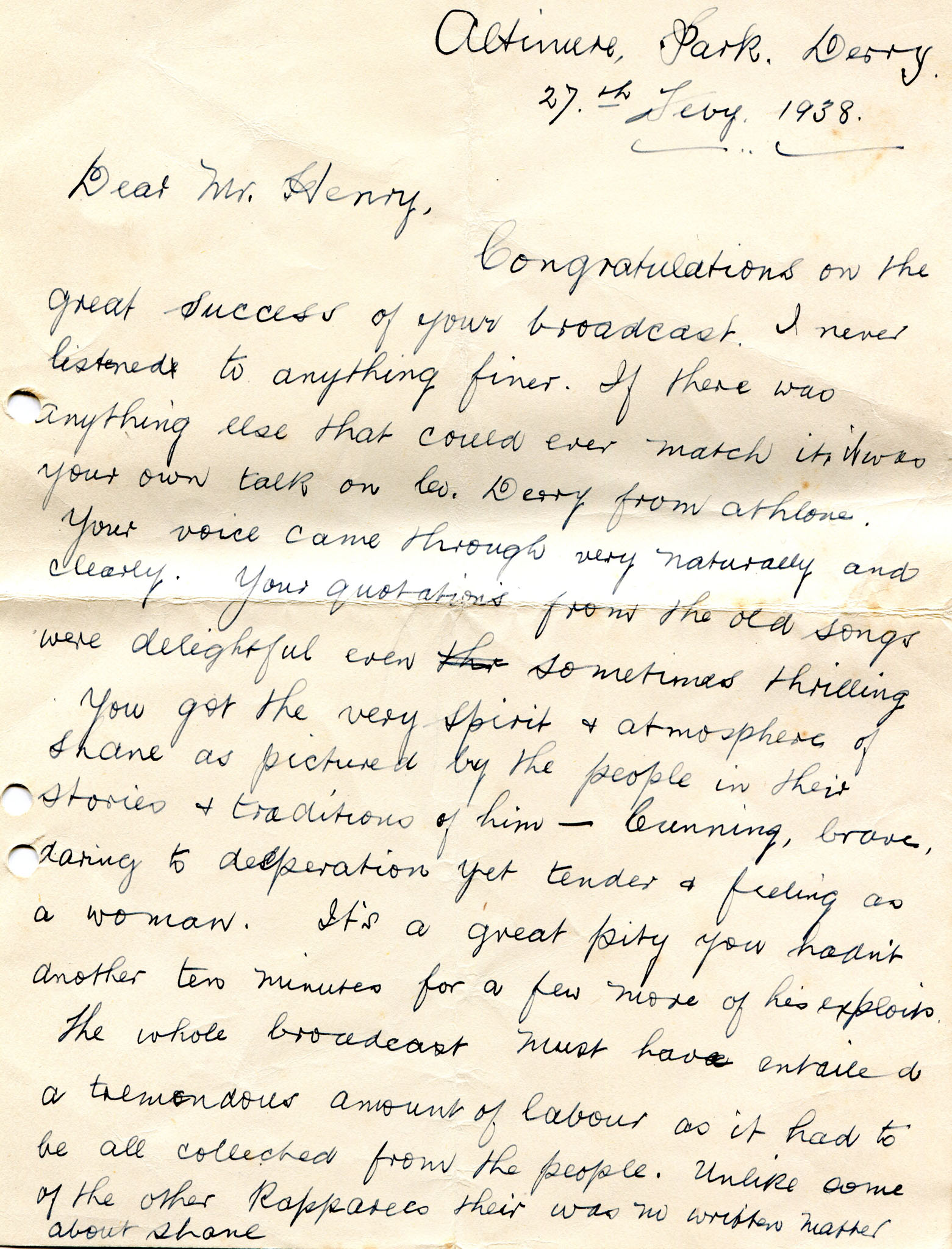 Page 1 of 2 of handwritten letter to Sam Henry from Patrick Conway ...