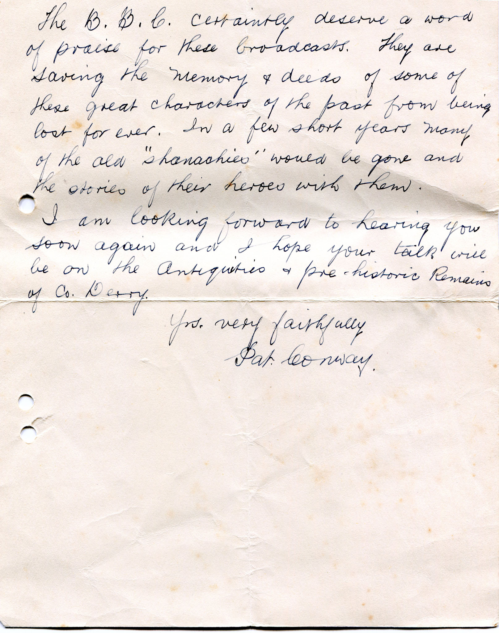 Page 2 of 2 of handwritten letter to Sam Henry from Patrick Conway ...