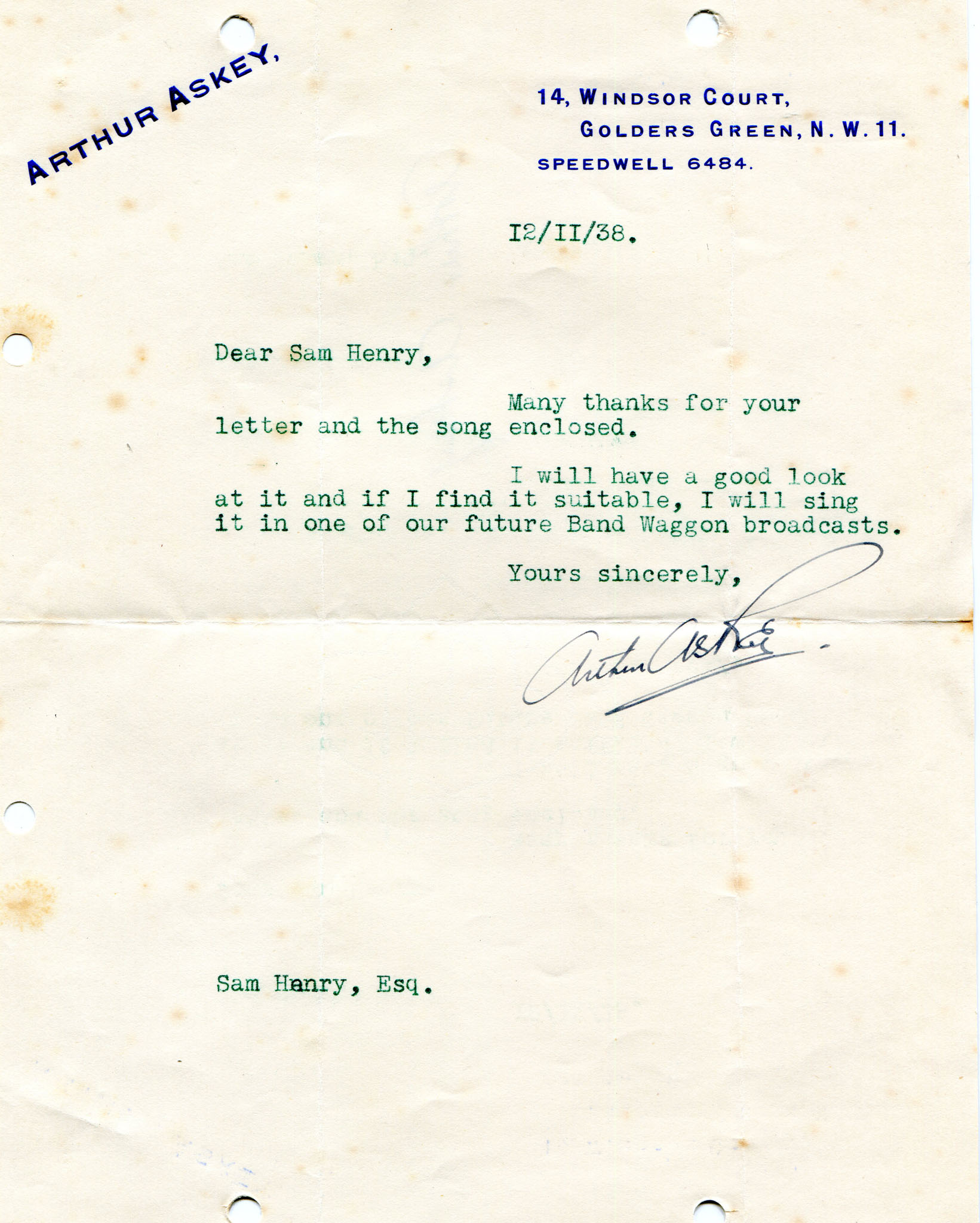 Typed letter in green ink. From Arthur Askey. Addressed from 14 Windsor ...