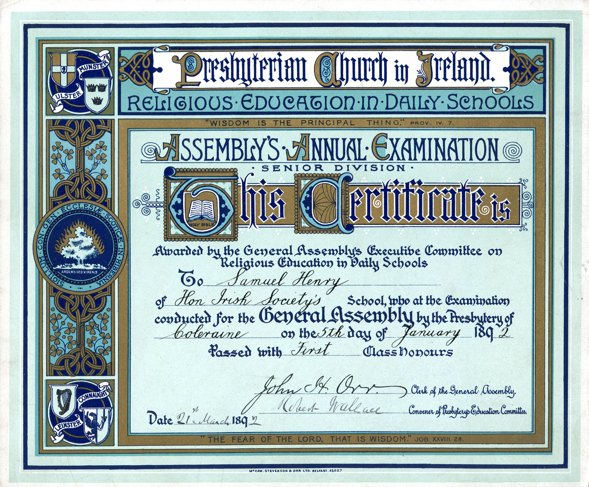 Certificate (gold and blue) awarded to Samuel Henry of Hon Irish ...