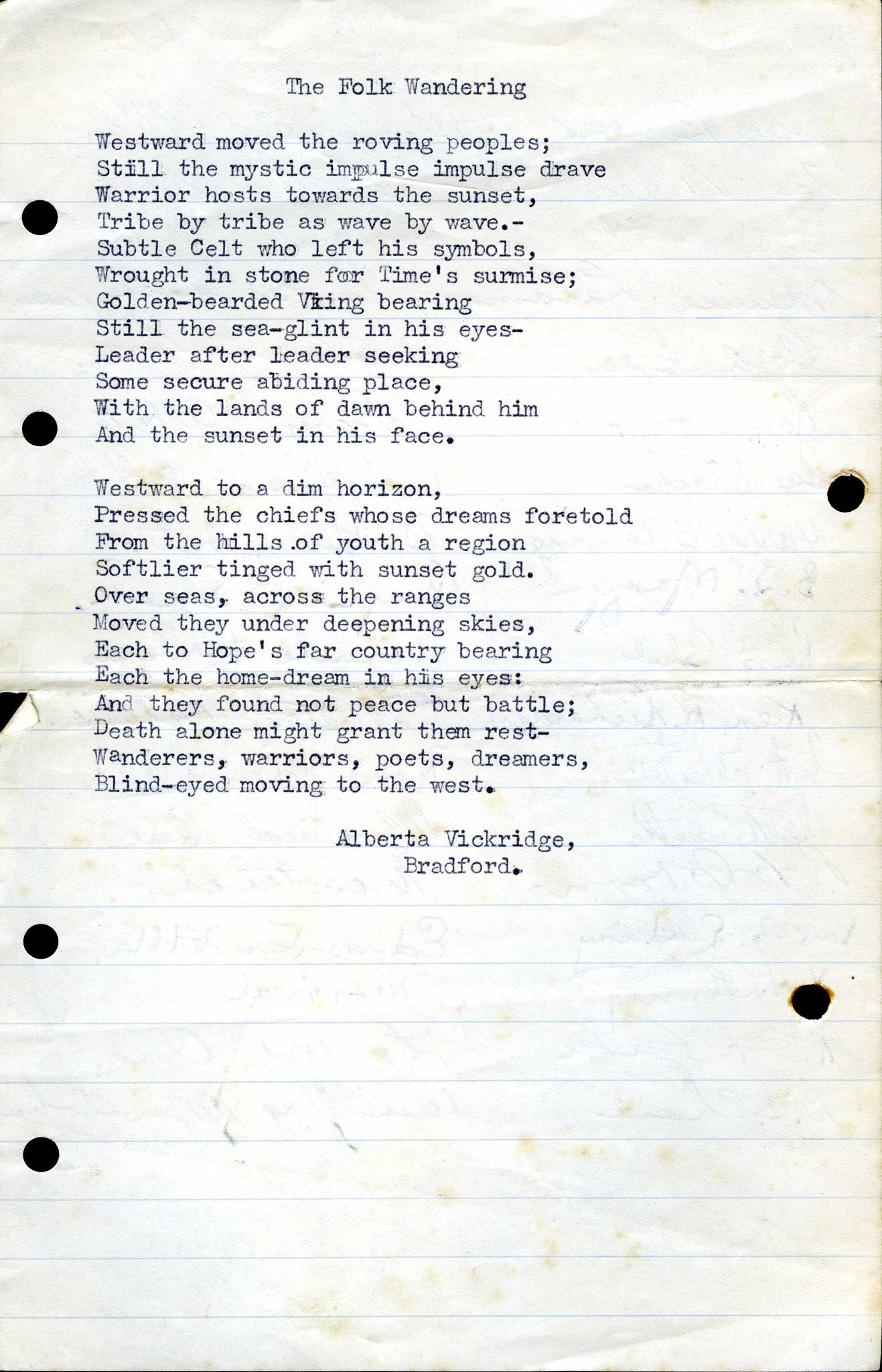 Typed poem titled ‘The Folk Wandering’, by Alberta Vickridge, Bradford ...