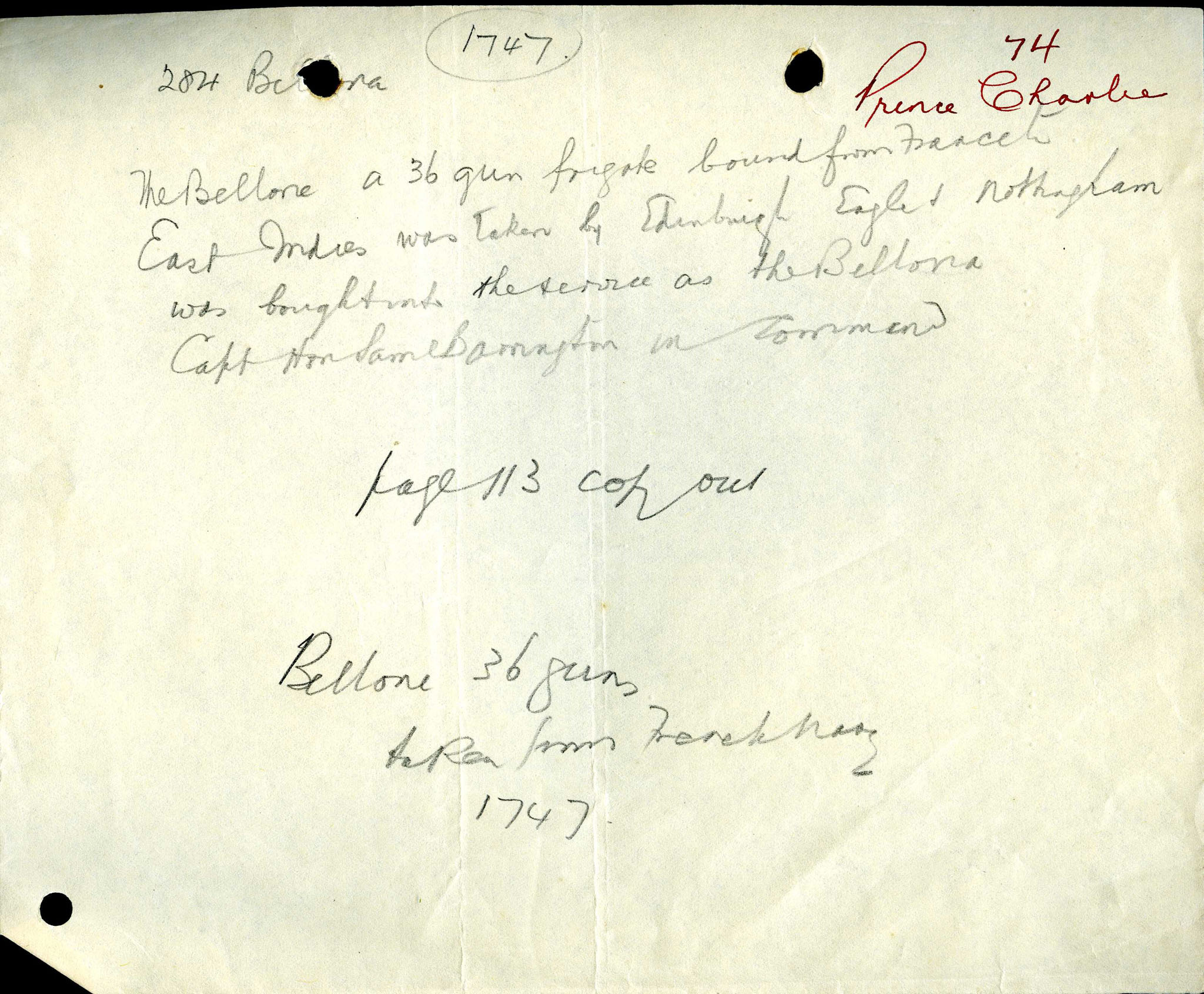 Hand written note regarding the 1747 capture of the French frigate ...