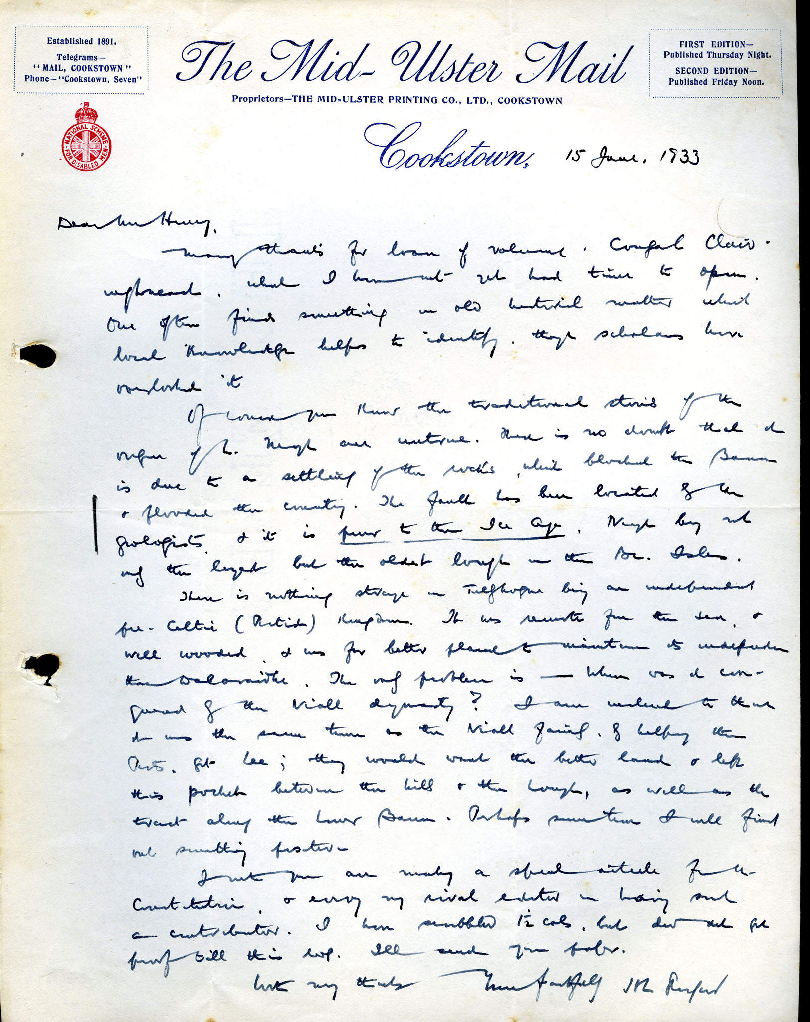 To Sam Henry from J. M. Glasgow(?) , headed ‘The Mid-Ulster Mail ...