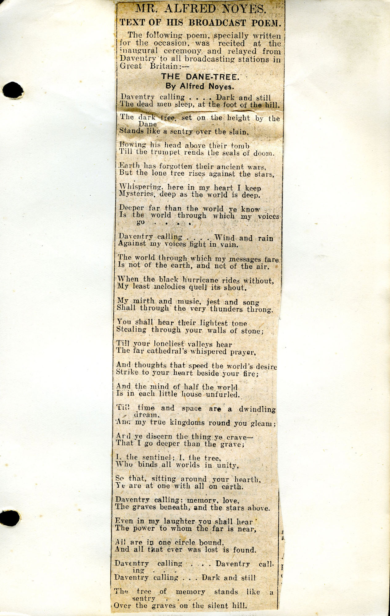poem by Alfred Noyes, article titled, ‘Mr Alfred Noyes Text of His ...