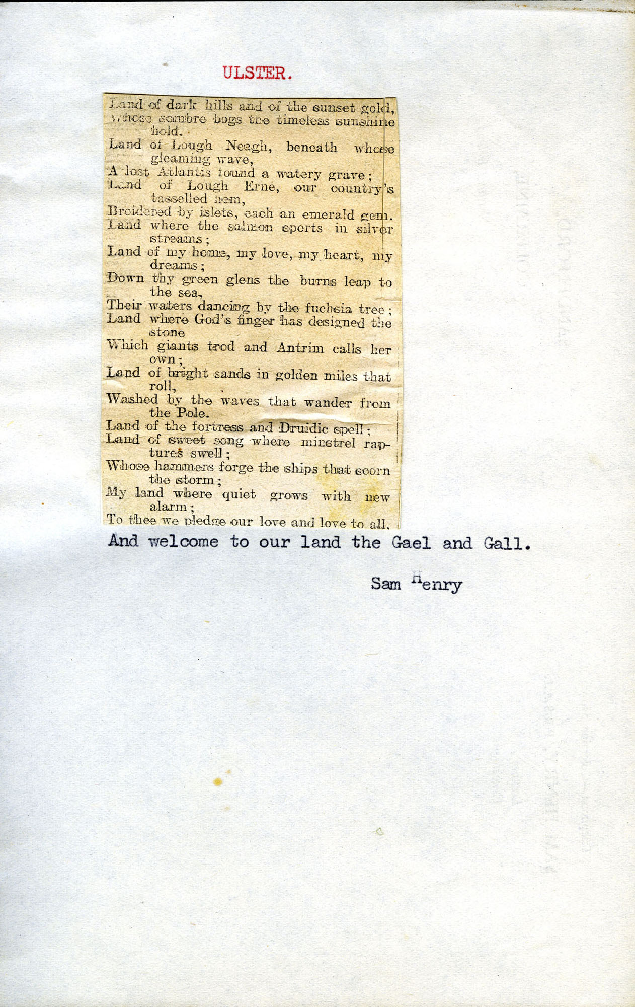 Poem or words to song cut from newspaper and stuck to page. By Sam ...
