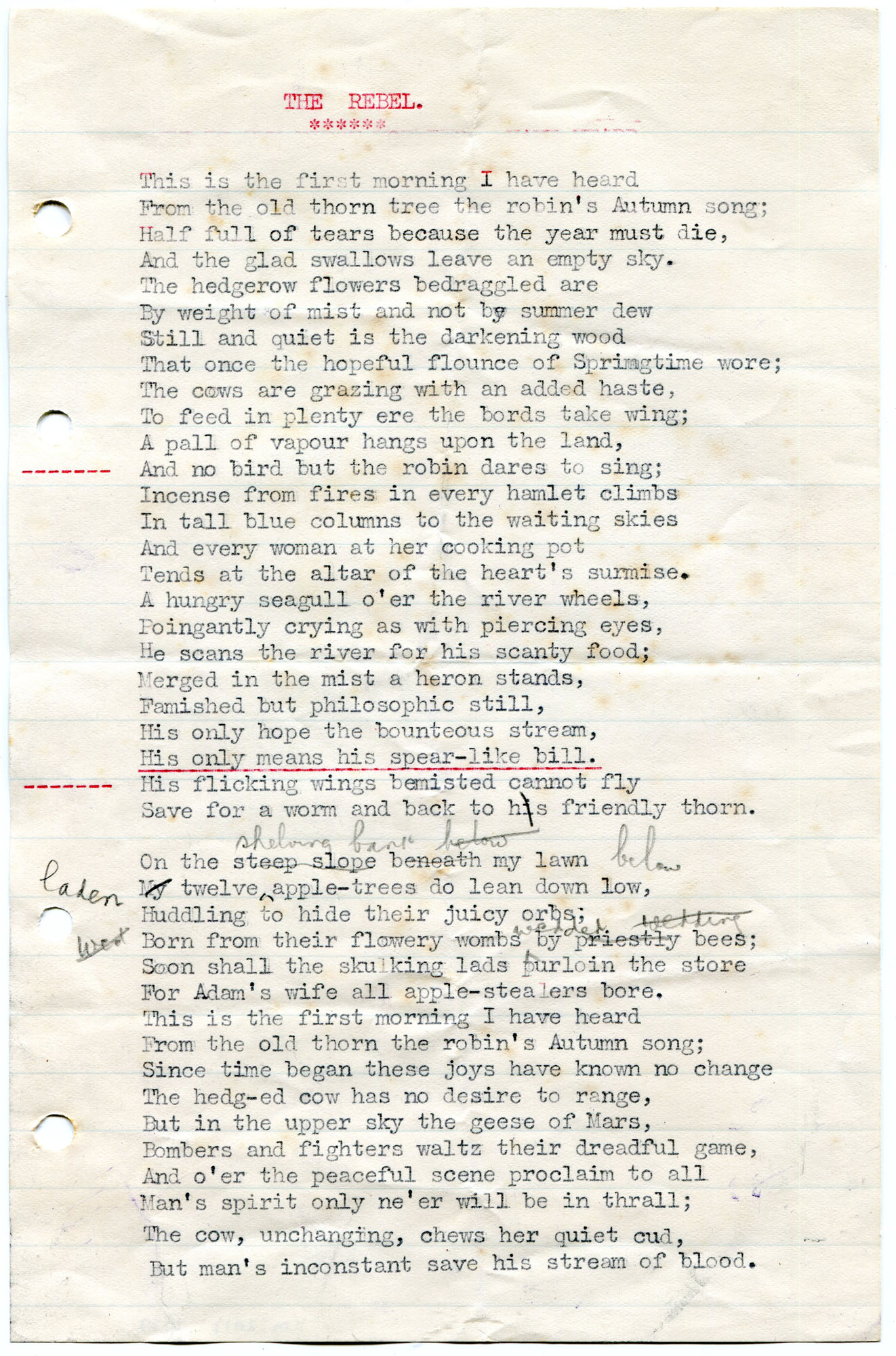 Typed poem on lined paper titled, ‘The Rebel’. Annotated in pencil. Re ...