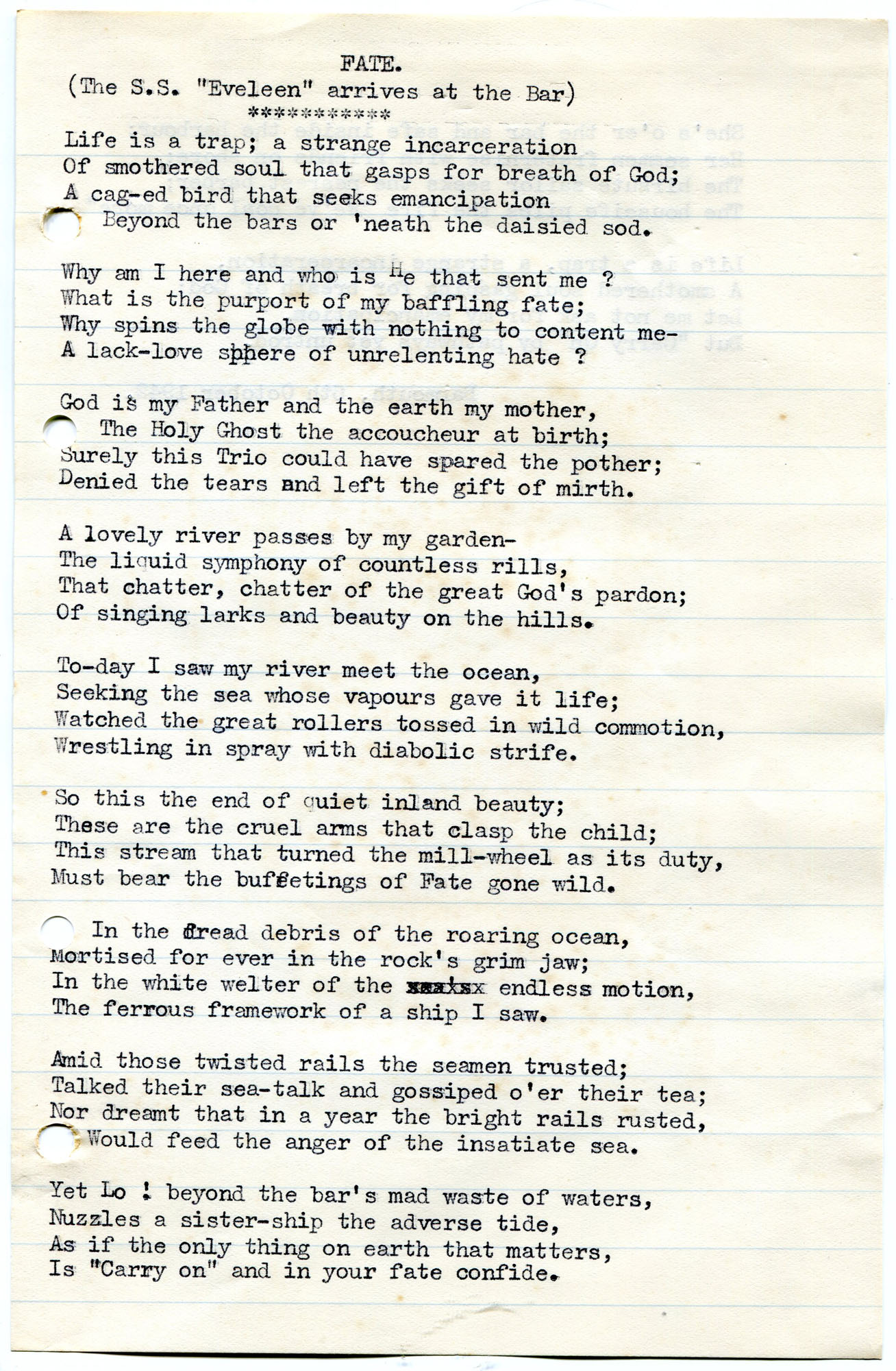 Typed poem on lined paper (double sided) titled, ‘Fate (The S.S ...