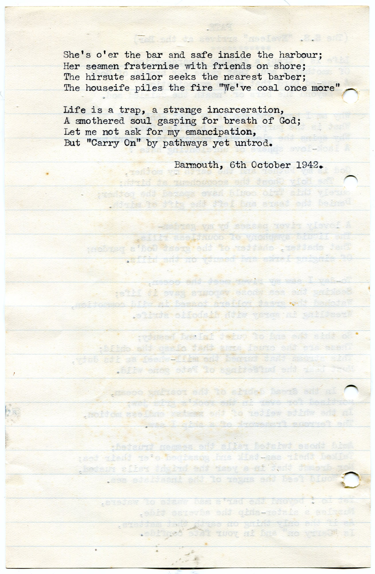 Typed poem on lined paper (double sided) titled, ‘Fate (The S.S ...