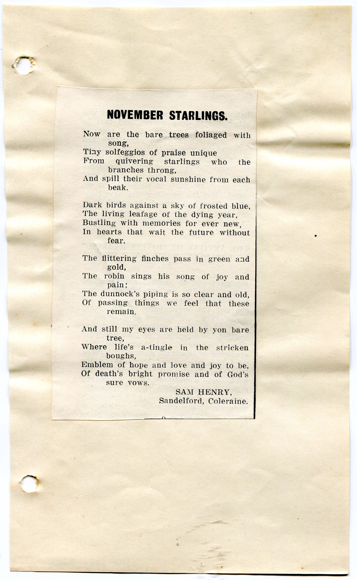 Cutting from a publication of a poem titled, ‘November Starlings’ stuck ...