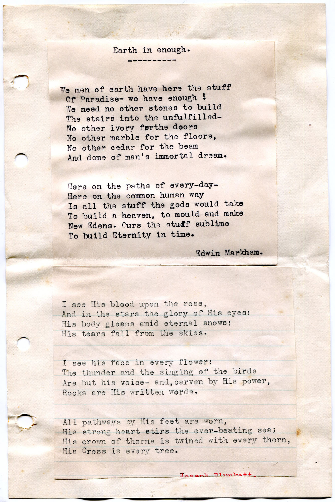Two typed poems pasted to page titled, ‘Earth in [is] enough’ by Edwin ...