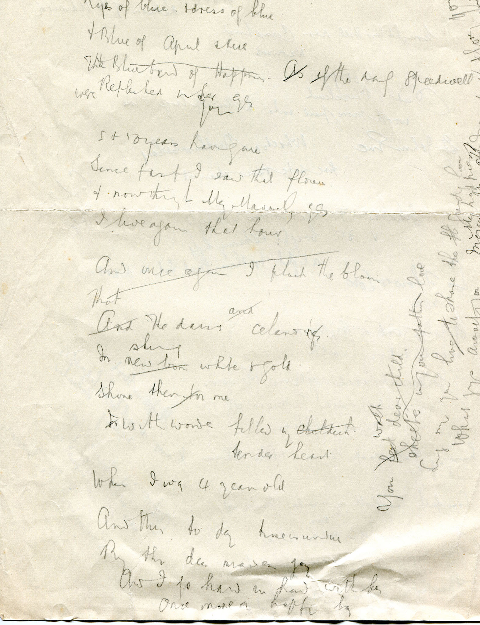 1 of 2 pages of handwritten rough notes and poems or words to songs ...