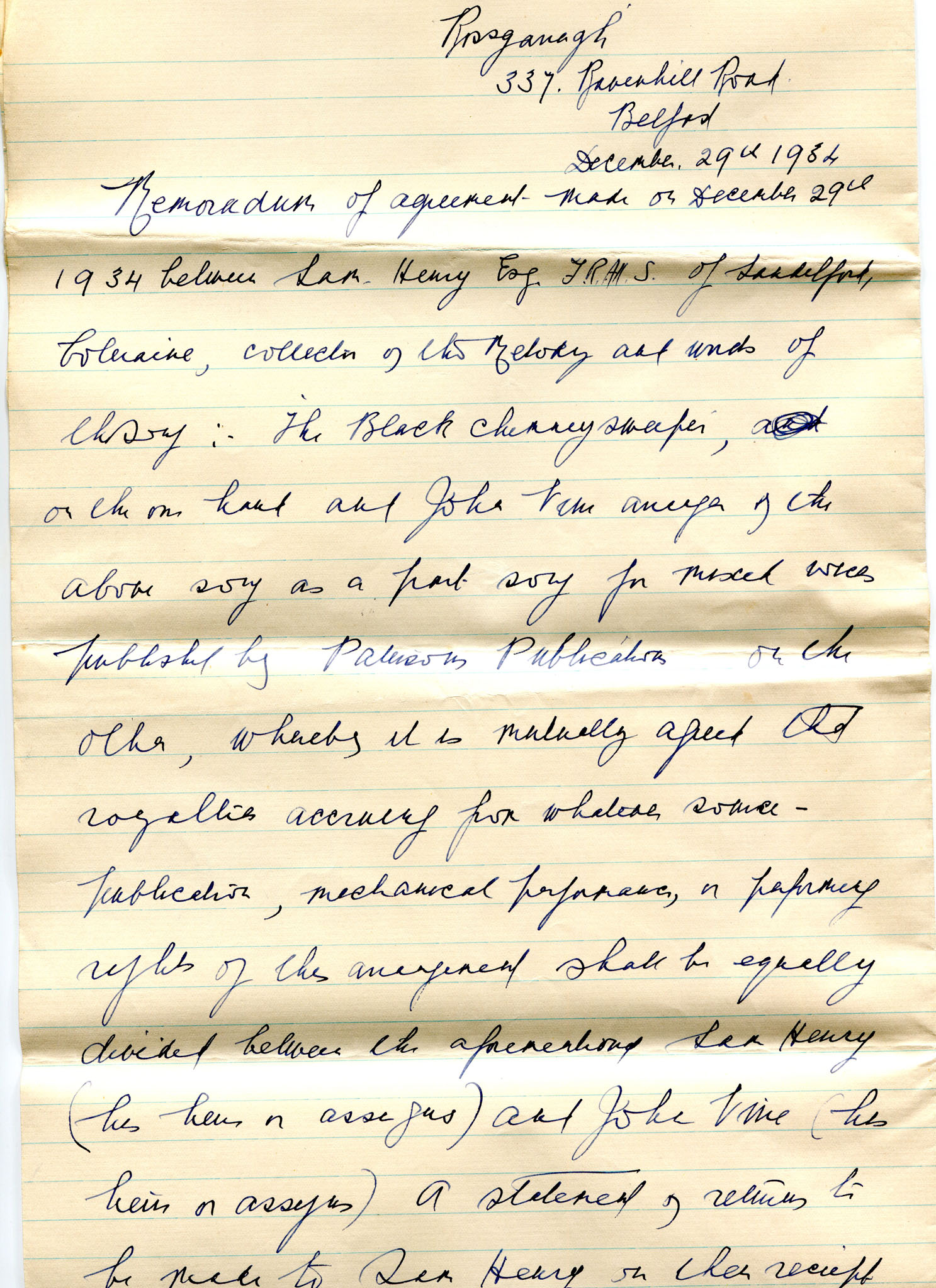 Handwritten memorandum of agreement on a lined folded page. Written on ...