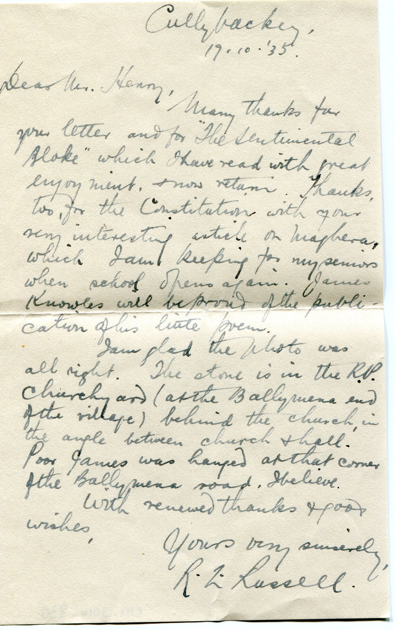 Handwritten letter to Sam Henry. Dated 19th October, 1935. Thanks Sam ...