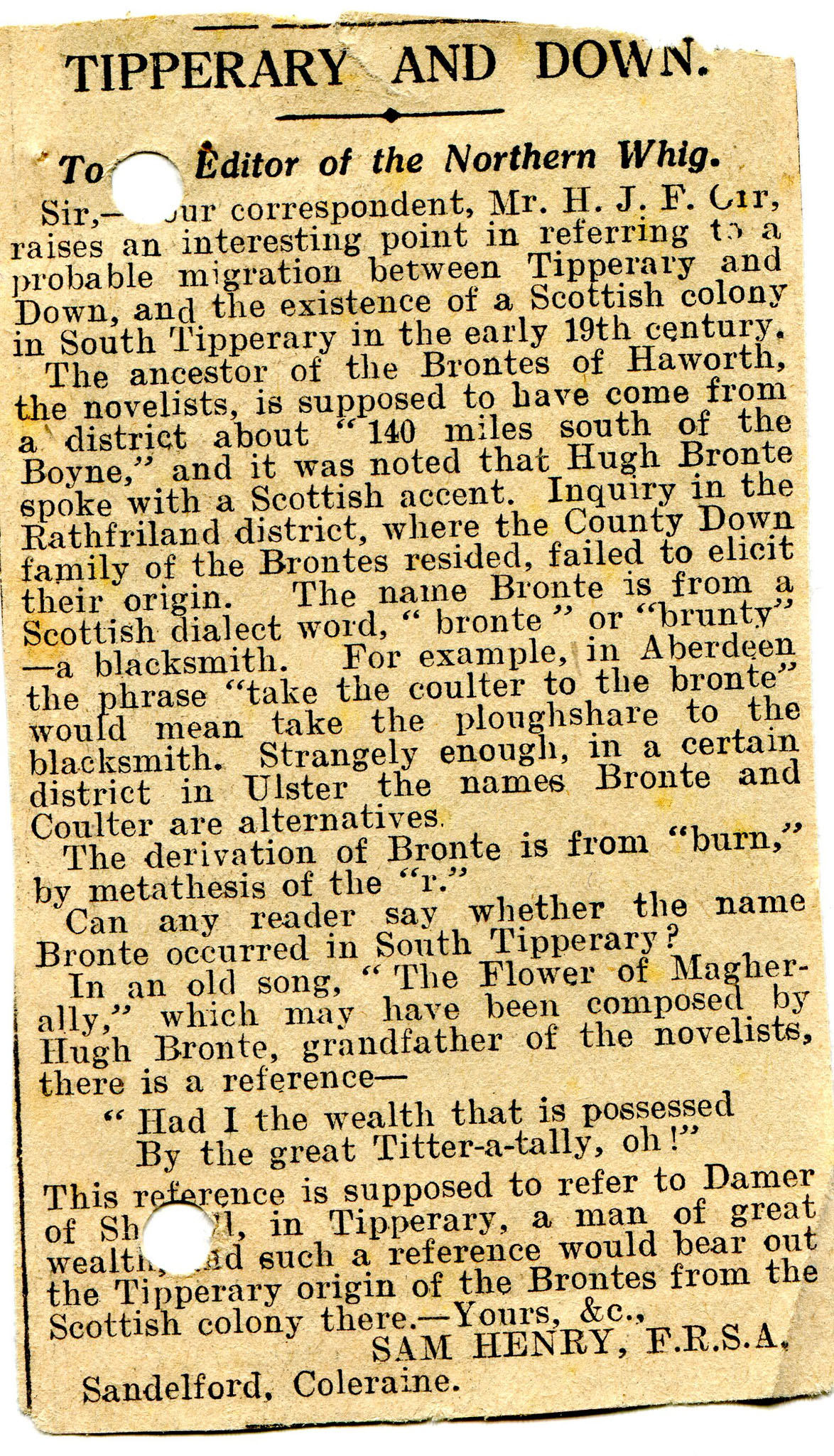 Article cut from newspaper titled, ‘Tipperary and Down’. A letter sent ...