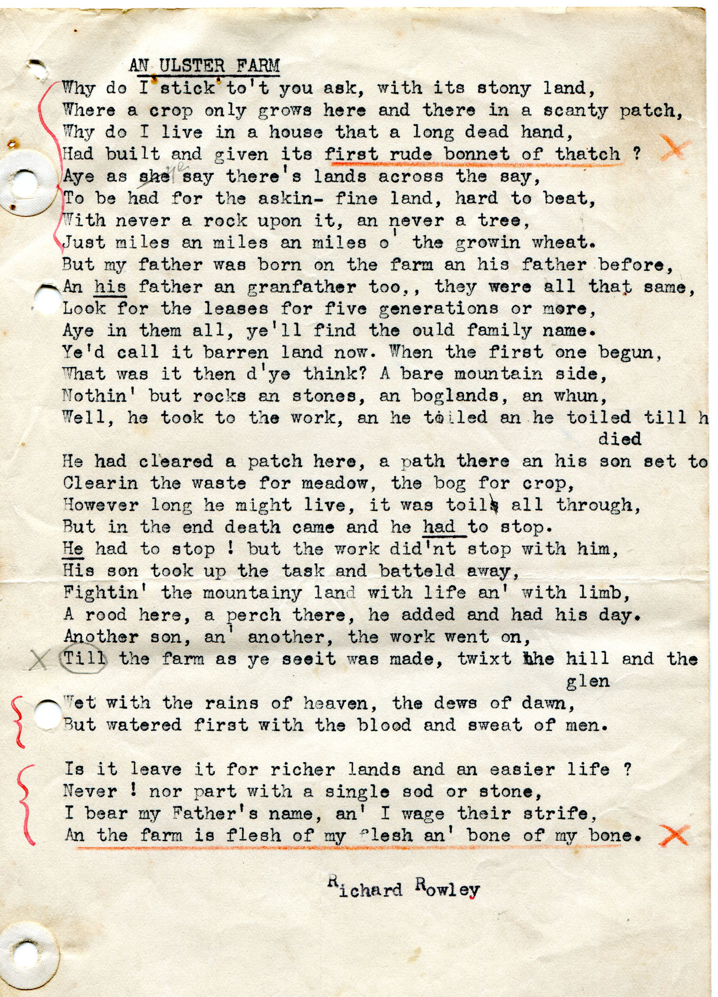 Typed verses of a poem or words to a song titled, ‘An Ulster Farm’, by ...