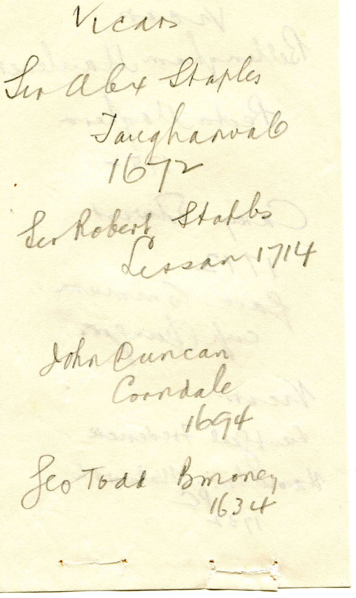 Handwritten notes on page in pencil, double sided. Re list of vicars in ...