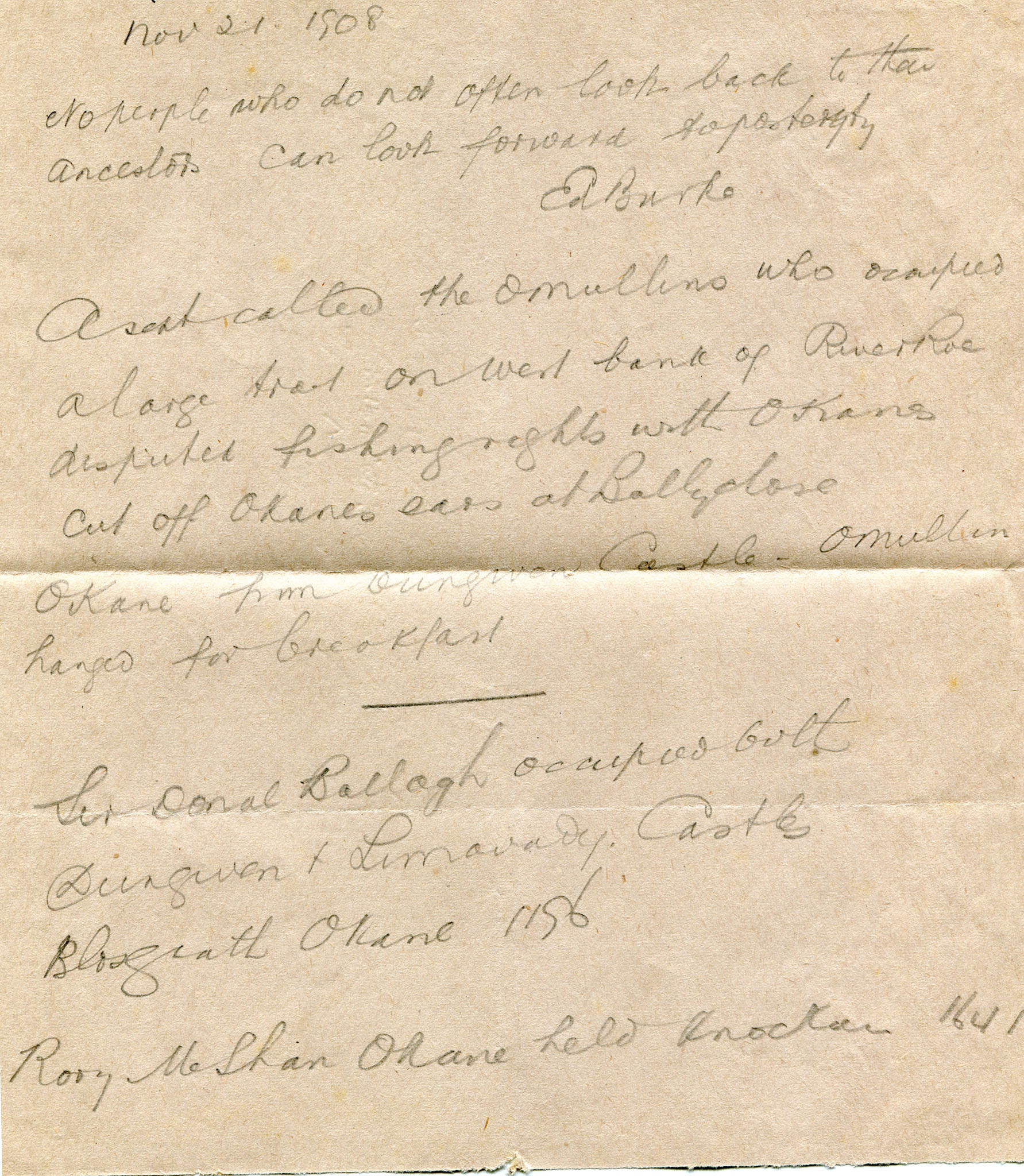 Handwritten rough notes. Quote by Ed Burke dated 21st November, 1908 re ...