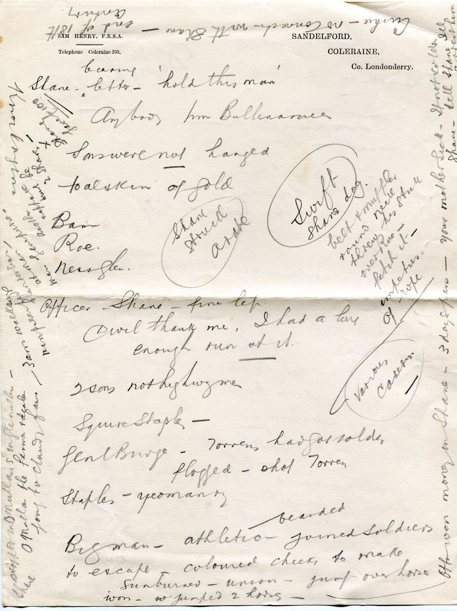 Handwritten rough notes in pencil, double sided. Sam Henry, Sandelford ...