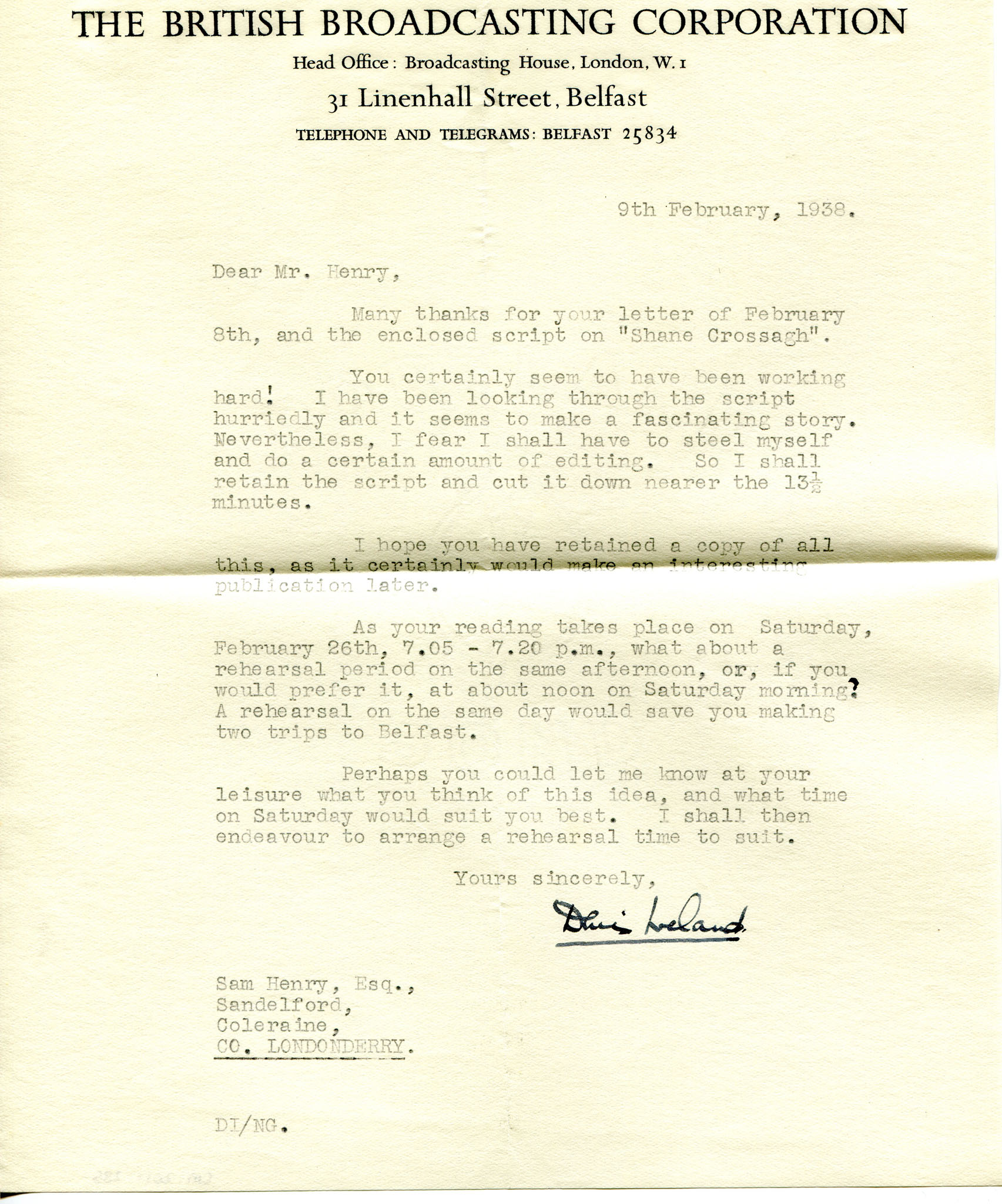 Typed letter to Sam Henry, addressed to Sandelford, Coleraine, on ...