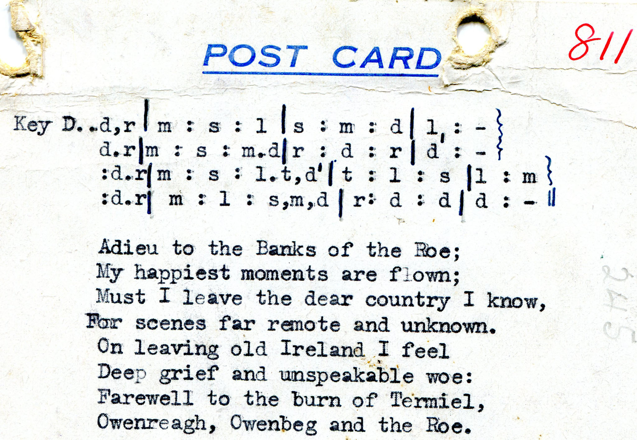 Typed tonic sol-fa notation on a postcard to a song re leaving the ...