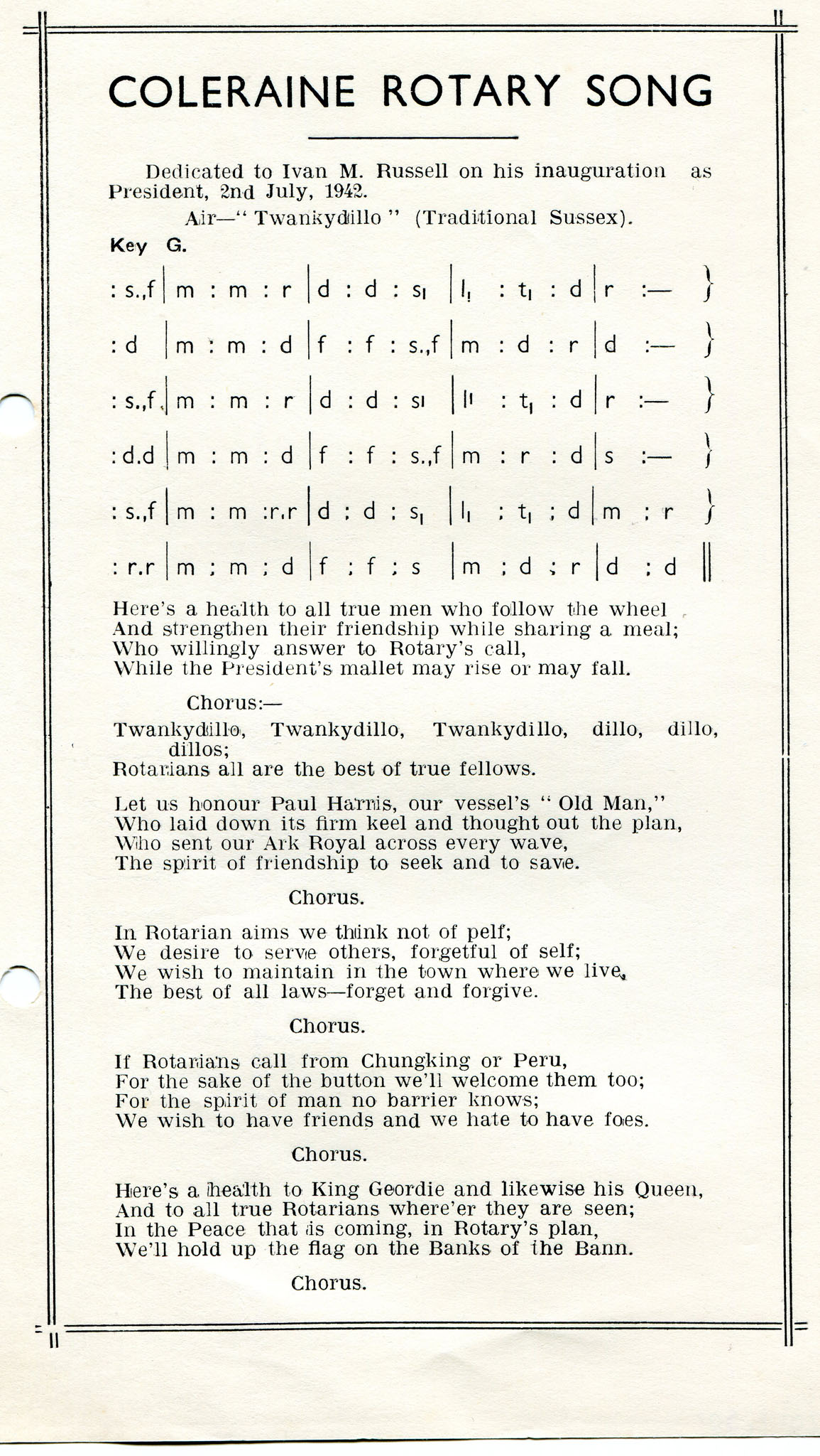 Printed tonic sol-fa notation and words of Coleraine Rotary Song ...