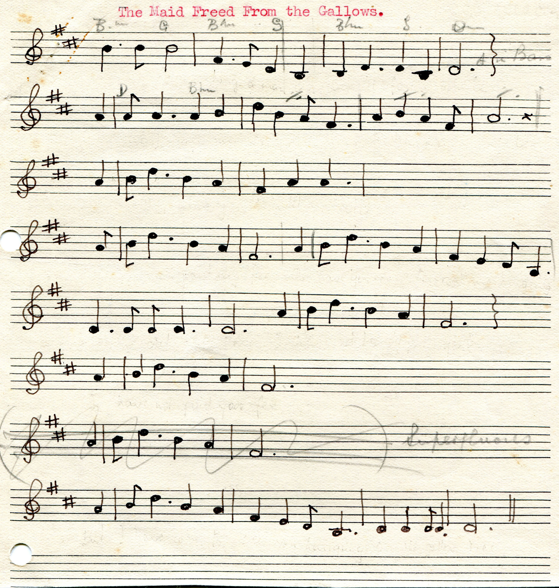 Hand drawn bars of musical notes to the tune of ‘The Maid Freed From ...