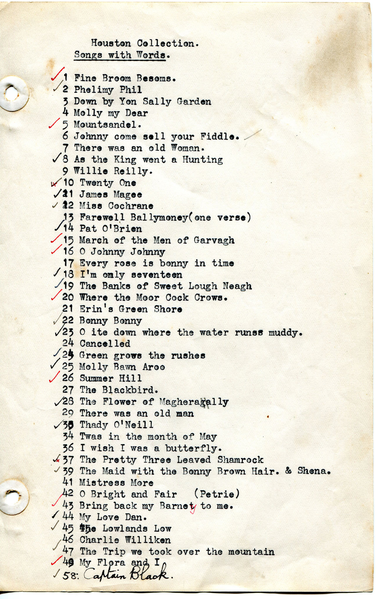 Typed list titled, ‘Houston Collection. Songs with words’. List of ...