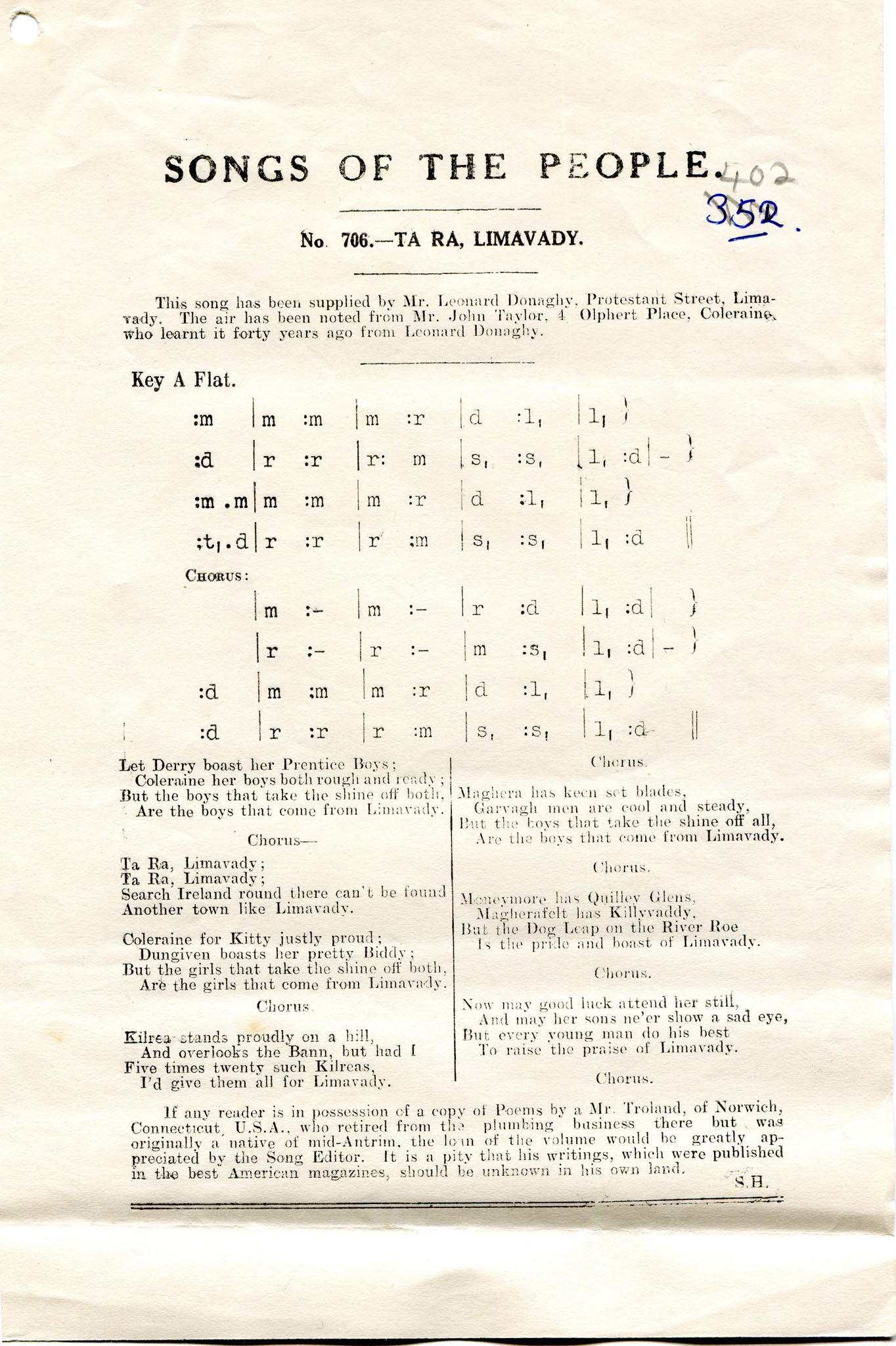 Printed tonic sol-fa notation and words to song titled, ‘No 706 – Ta Ra ...