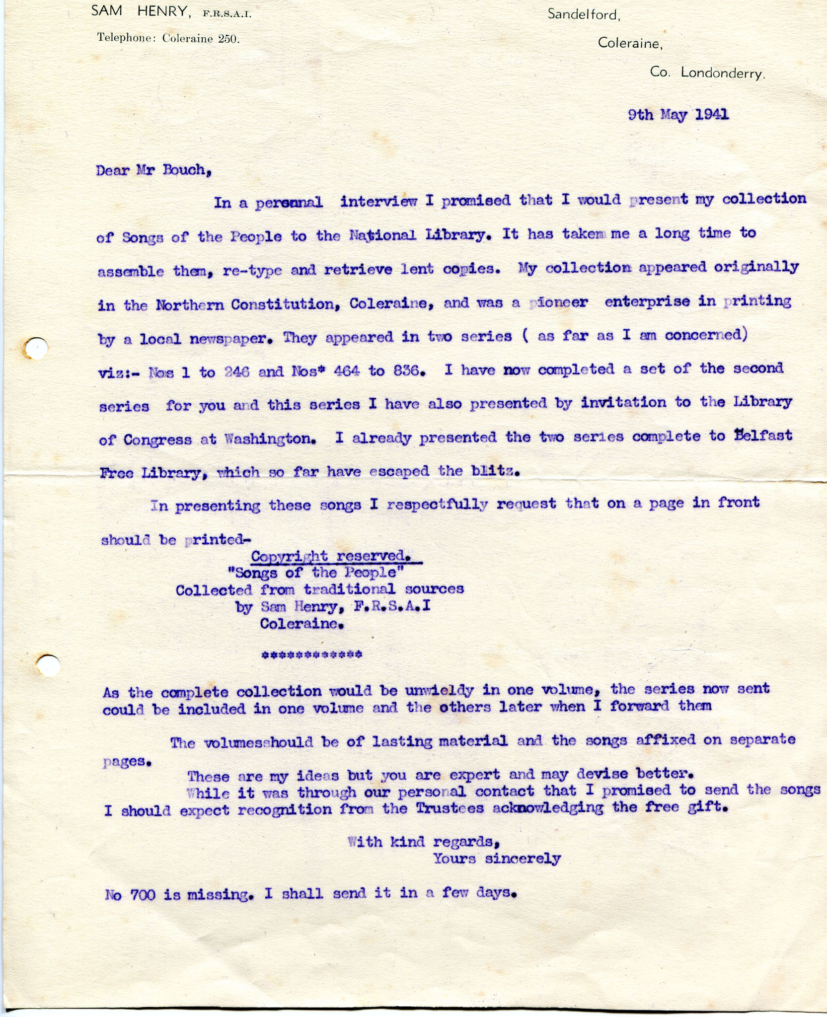 Carbon copy of a typed letter to Mr Bouch. Sam to send on the completed ...