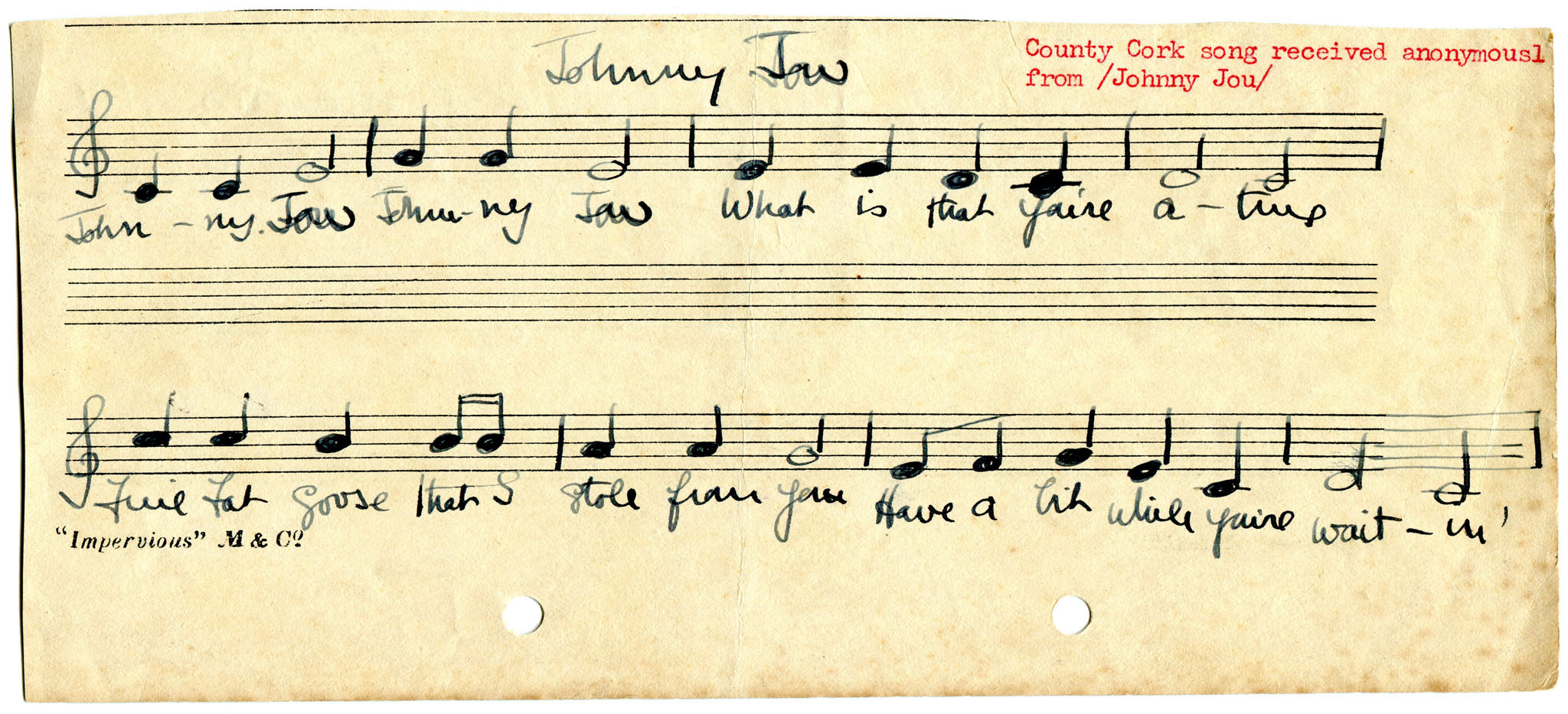 Music notes and words written on a strip of manuscript paper of song ...