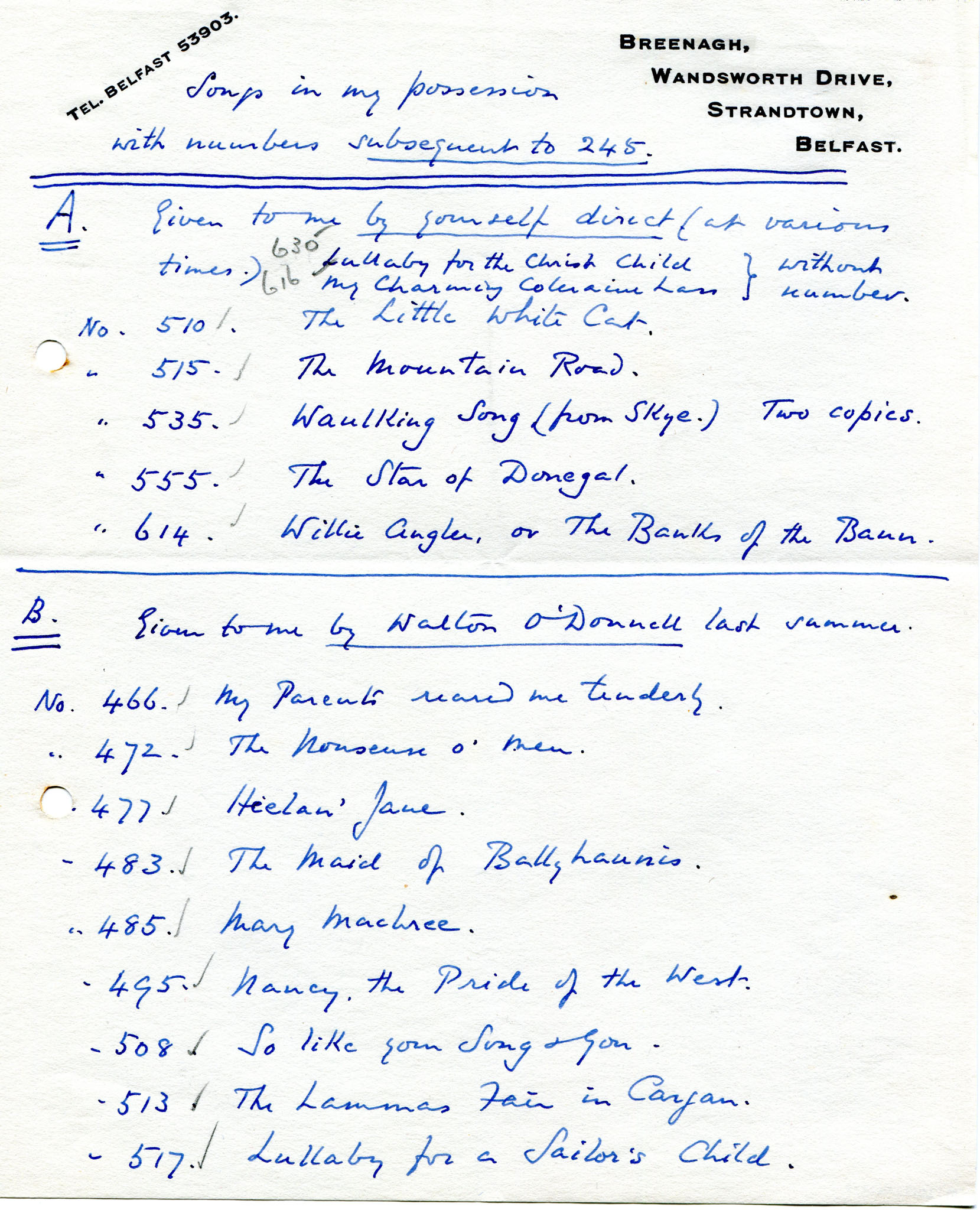 Page 1 of 4. Handwritten list of songs titled, ‘Songs in my possession ...