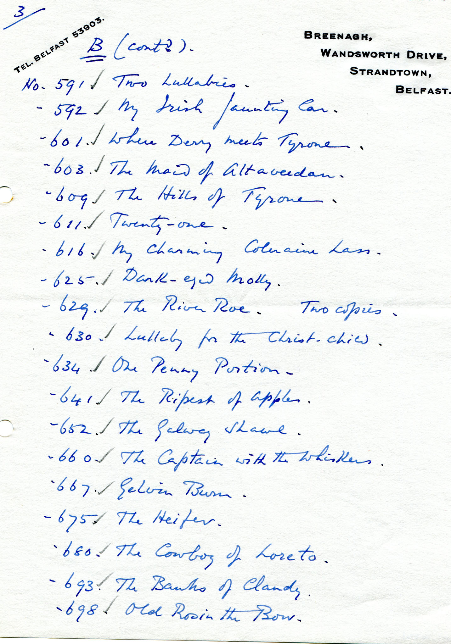 Page 3 of 4. Handwritten list of songs titled, ‘Songs in my possession ...