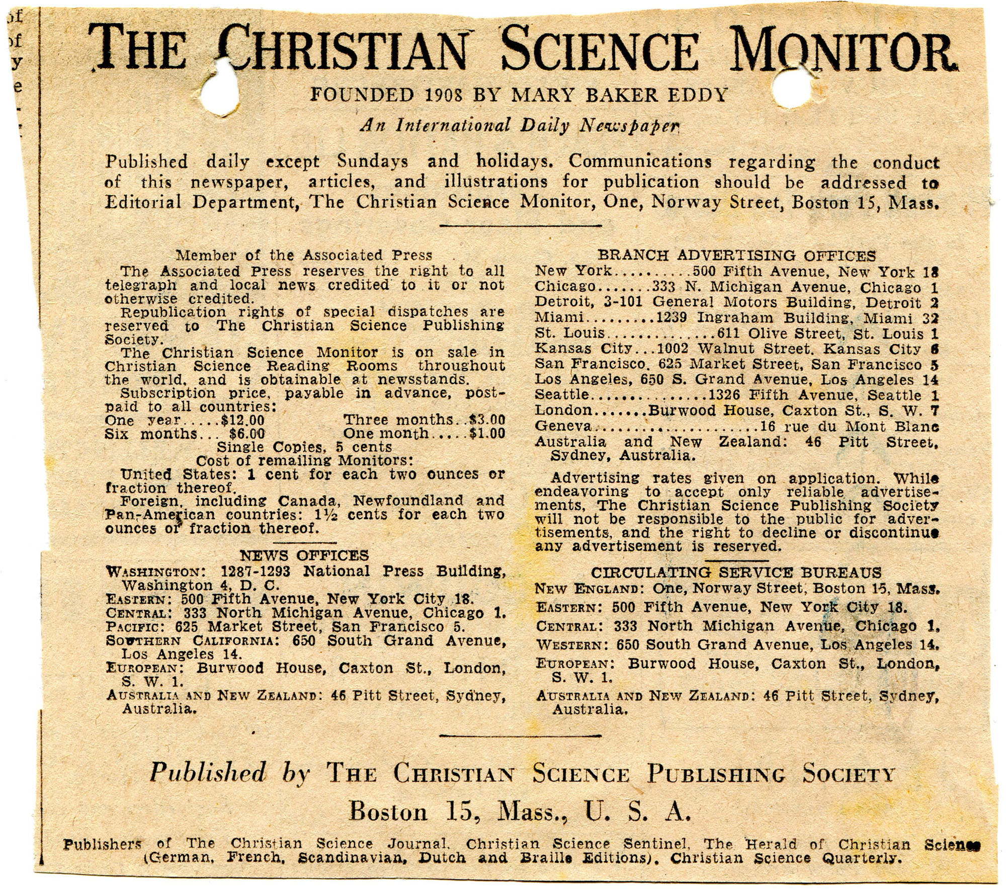 Article or advertisement cut from newspaper titled, ‘The Christian ...